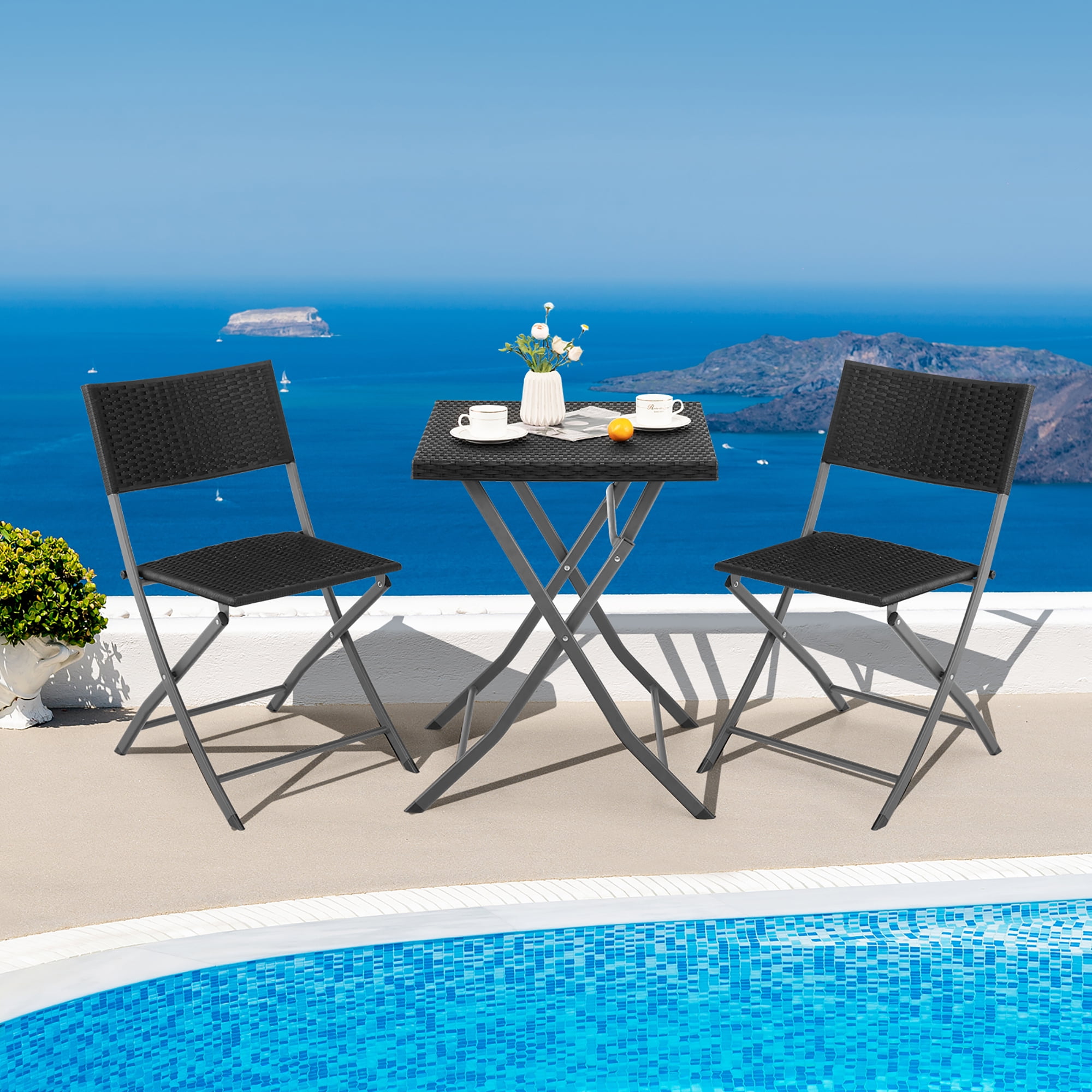 Costway 3PCS Patio Bistro Set, Folding Rattan Chairs & Table for Garden ...