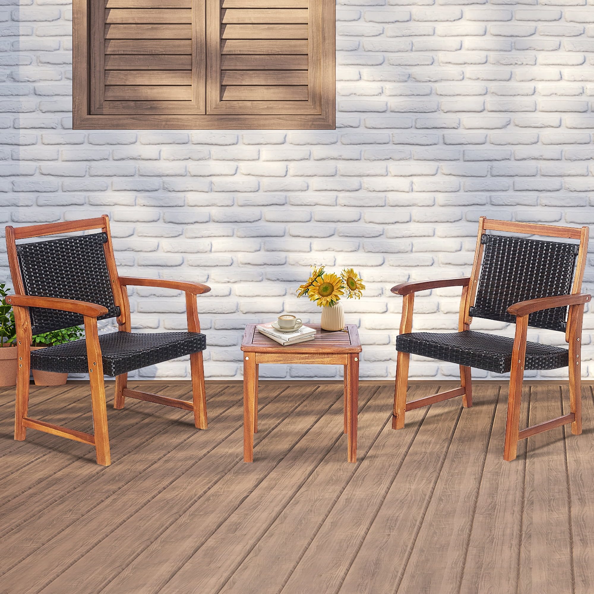 Costway 3PCS Patio Rattan Bistro Chairs Set Acacia Wood Furniture Frame ...