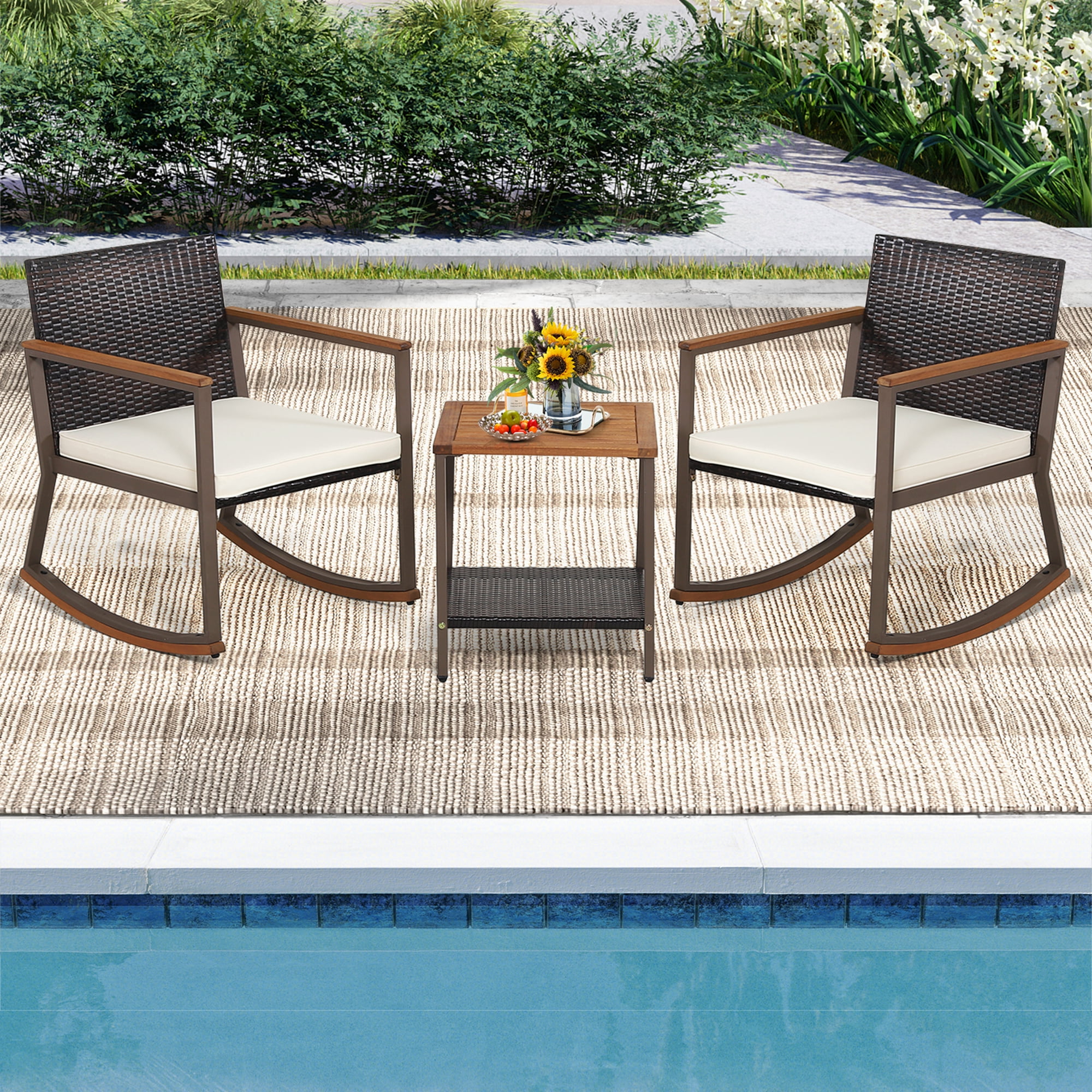 Outdoor Conversation Set With Table AVAWING 3-Piece - 2 Rattan Rocking ...