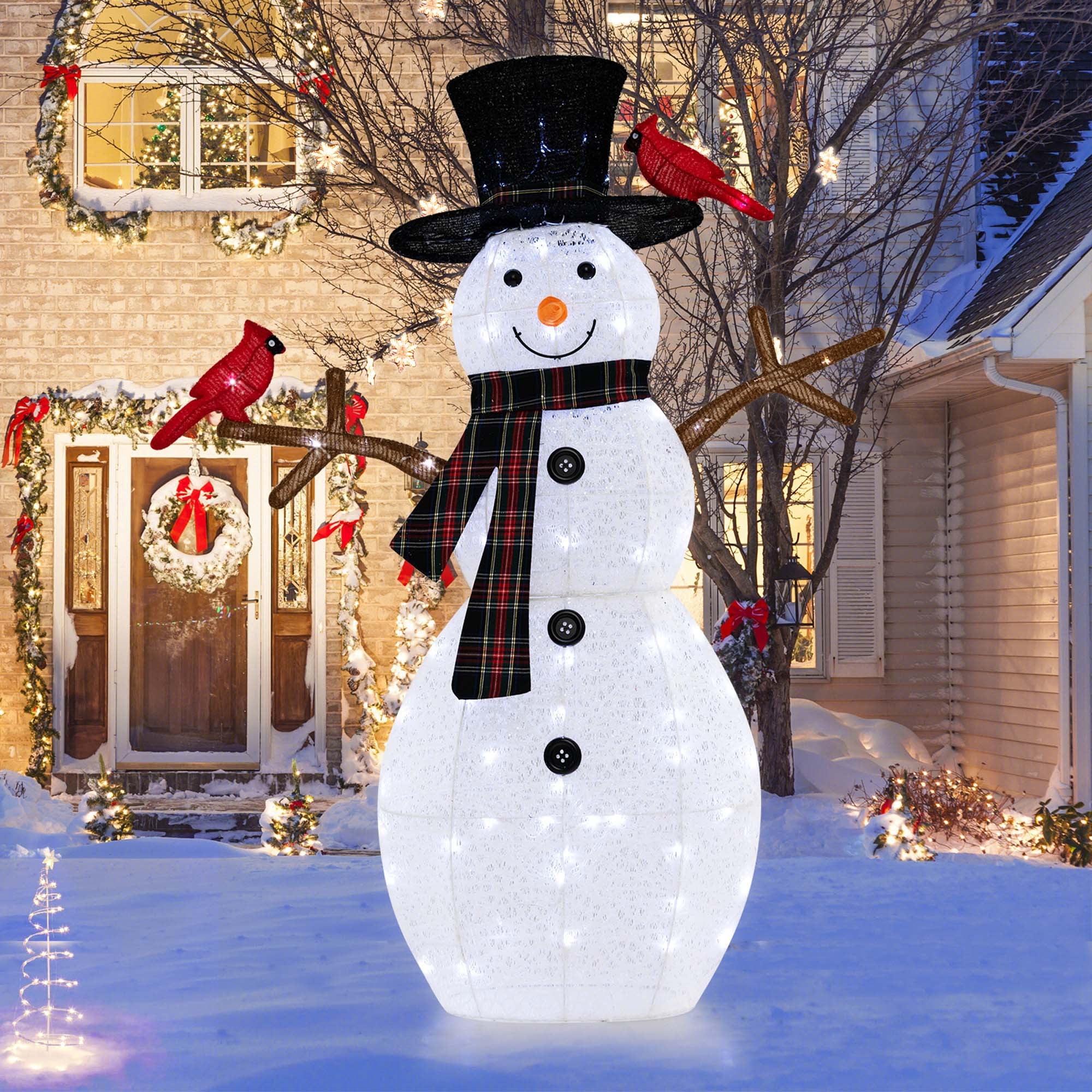 Costway 4.2 FT Pre-Lit Snowman And Redbirds Yard Christmas Holiday ...