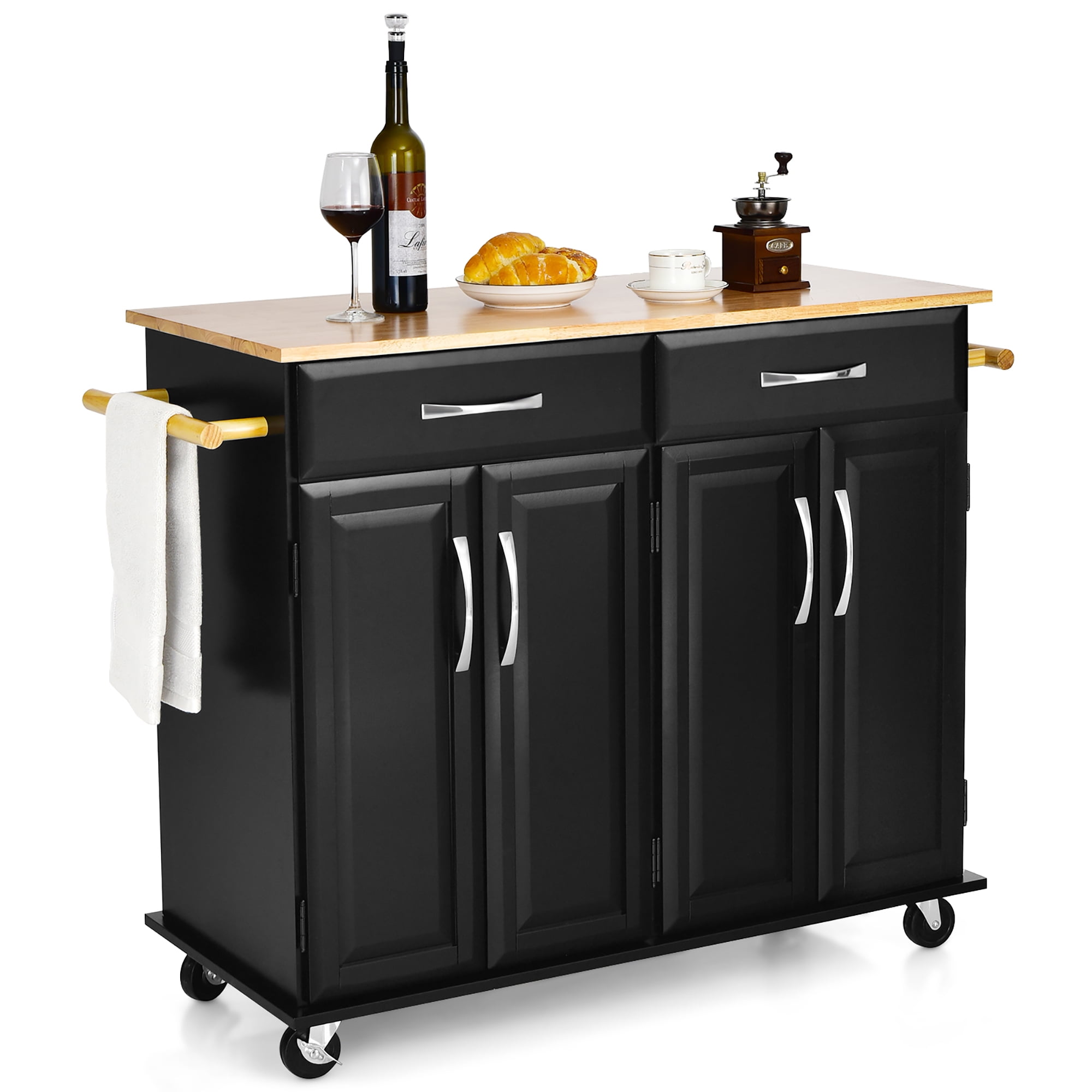 Costway 4-Door Wooden Rolling Kitchen Cart with Storage, Buffet Cabinet ...