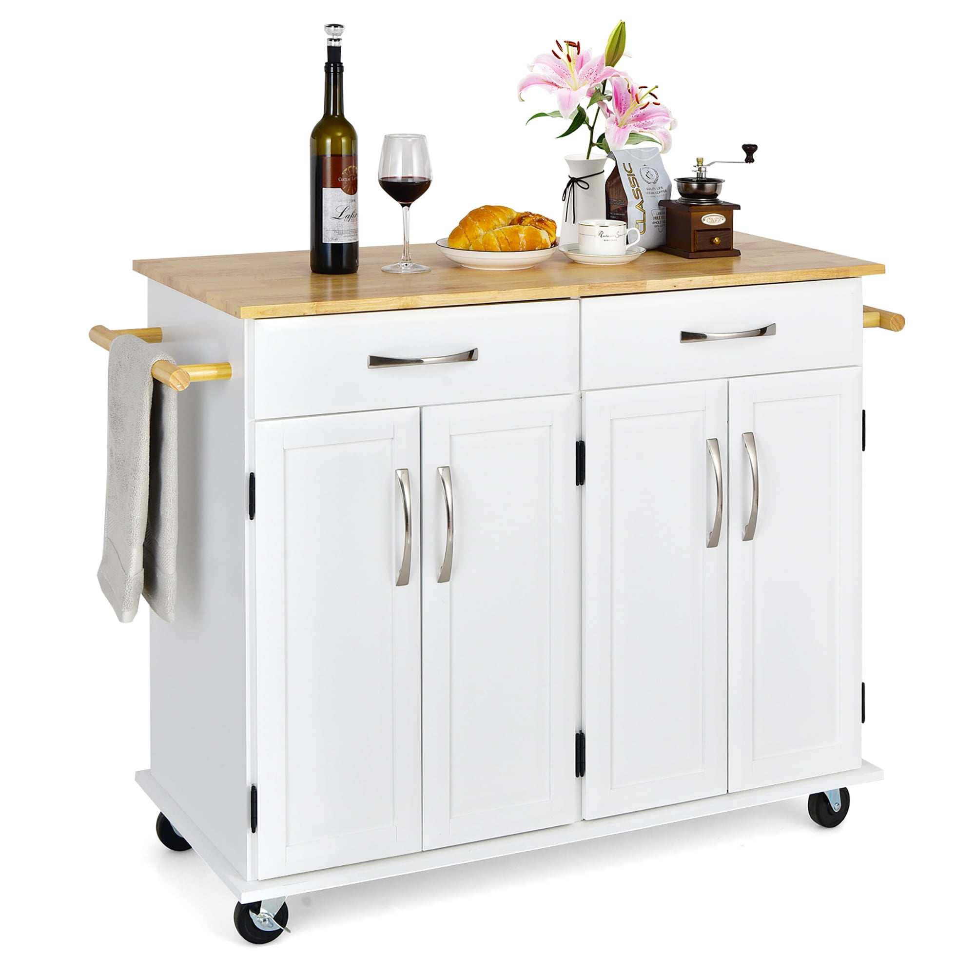 Costway 4-Door Rolling Kitchen Island Cart Buffet Cabinet w/ Towel ...