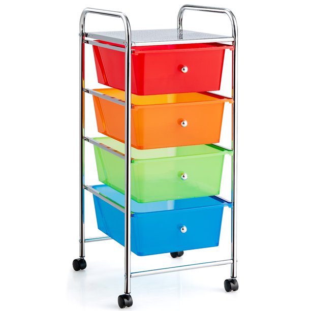 Costway 4-Drawer Cart Storage Bin Organizer Rolling w/Plastic Drawers ...