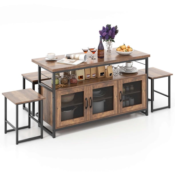 Costway 4 PCS Kitchen Island Set with Bench and Storage Heavy-duty ...