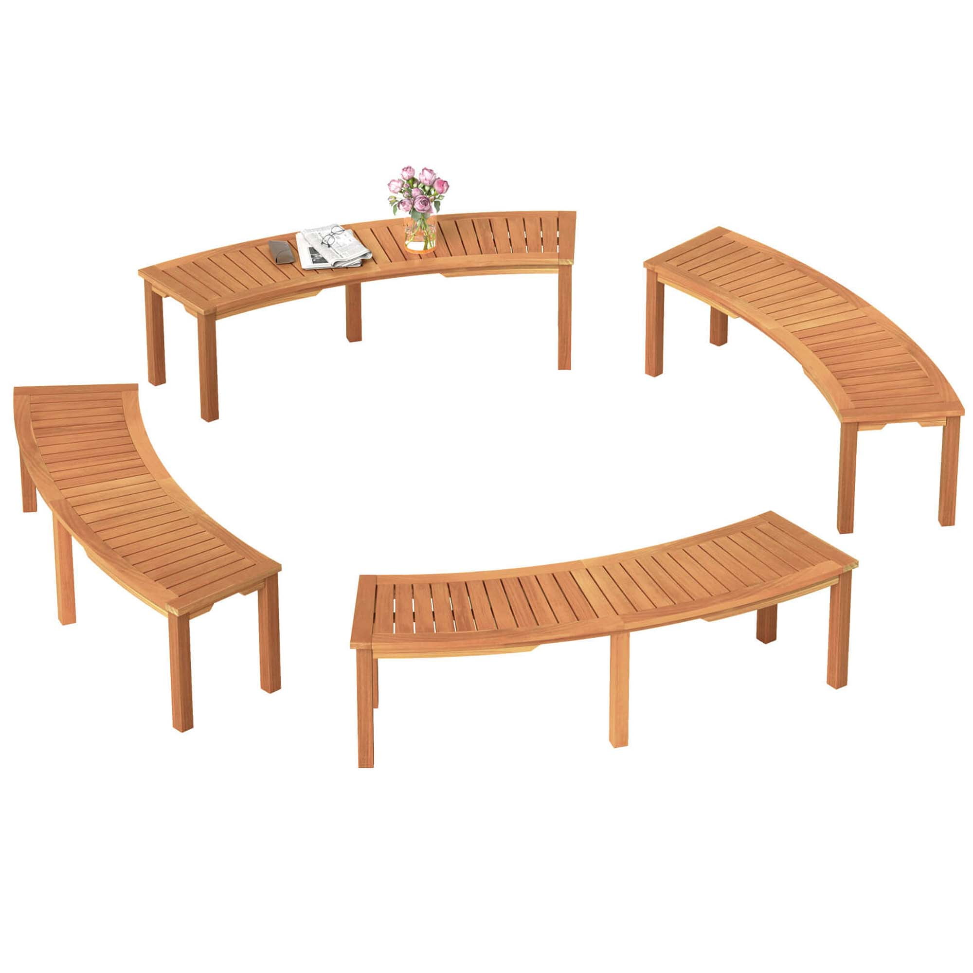 Costway 4 PCS Outdoor Curved Bench with Slatted Seat Solid Acacia Wood ...