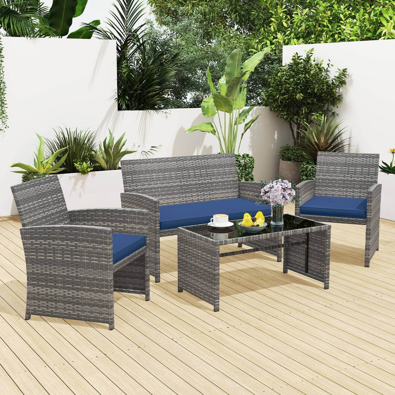 Costway 4 PCS Patio Furniture Set with Tempered Glass Coffee Table ...