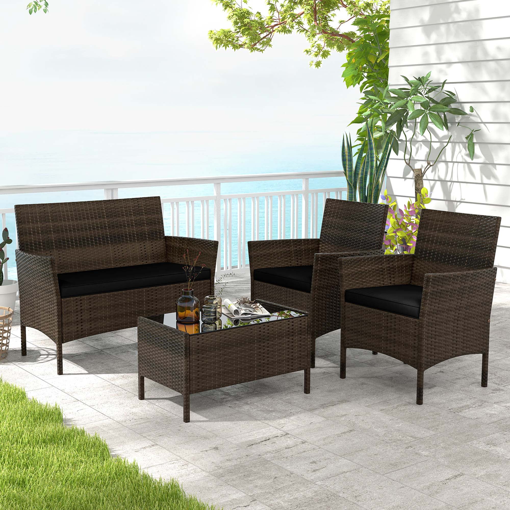 Costway 4-Piece Patio Set with Washable Cushions & Tempered Glass Table ...