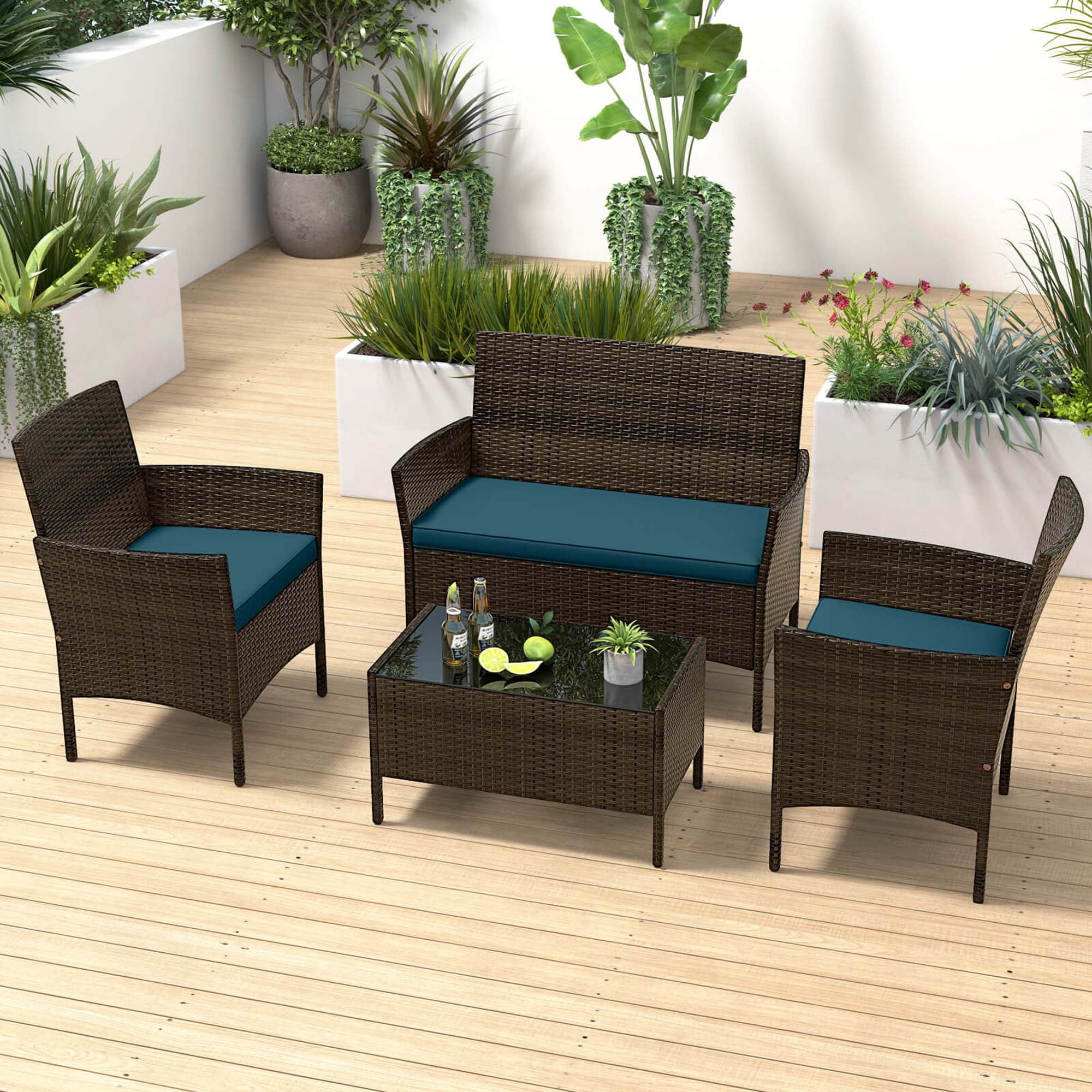 Costway 4 PCS Patio Furniture Set withWashable Cushions and Tempered ...