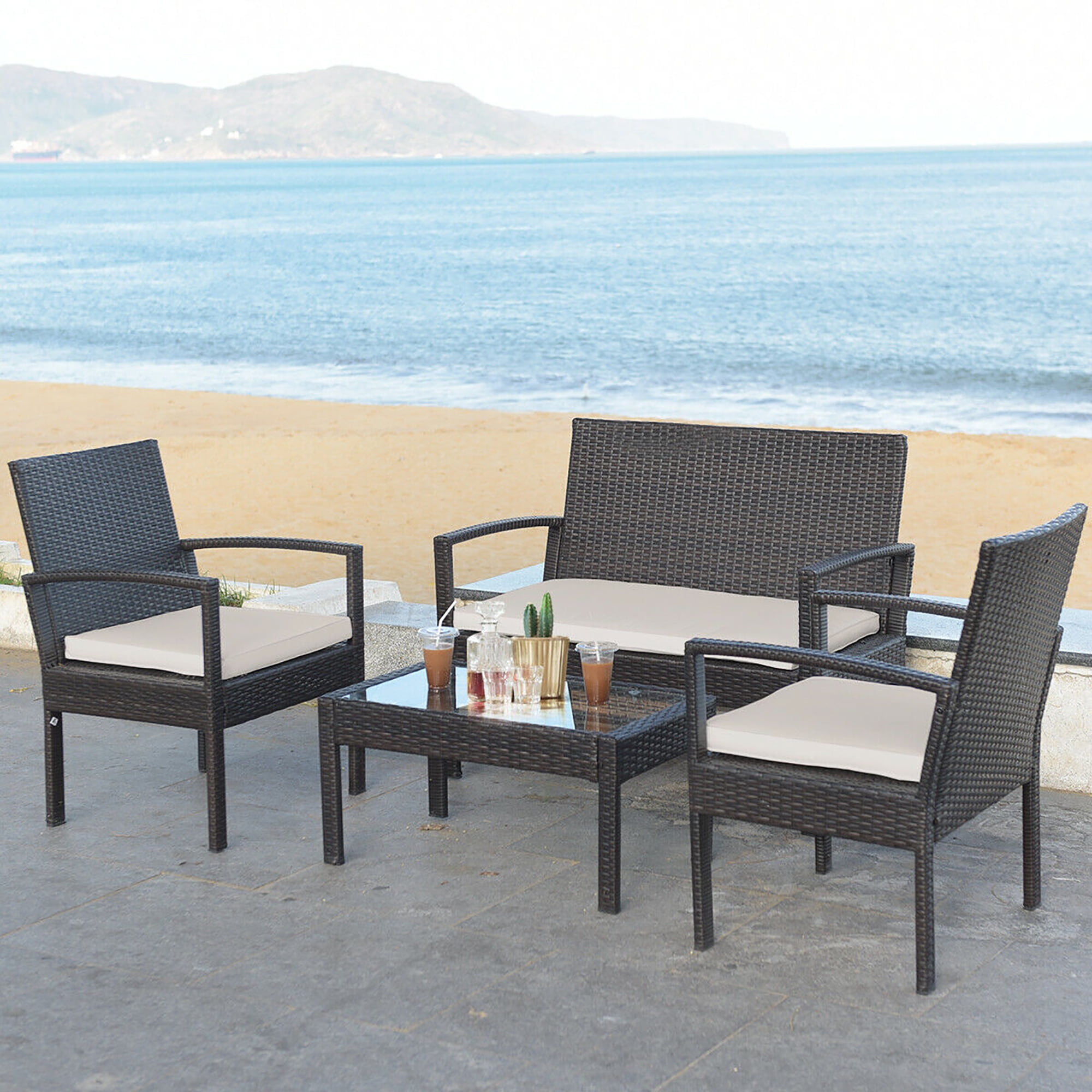 Costway 4 Pc Rattan Patio Furniture Set Garden Lawn Sofa Wicker ...