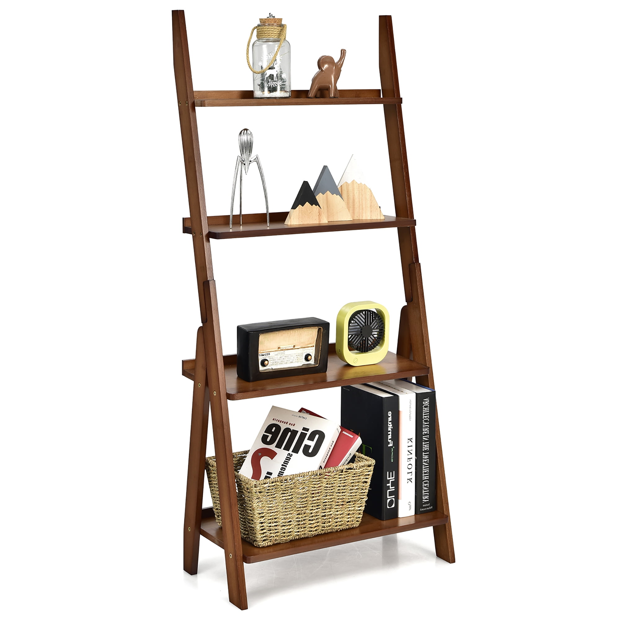 Costway 4-Tier Bamboo Ladder Shelf, Sturdy Shelving Unit Display ...