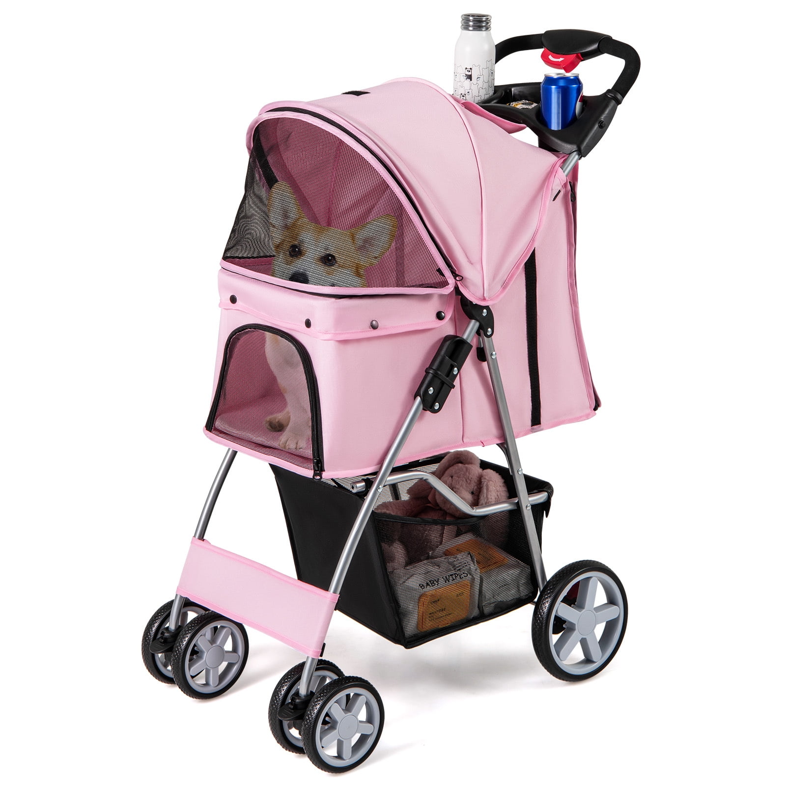 Costway 4 Wheels Pet Stroller With Mesh Window, One-hand Folding Design ...