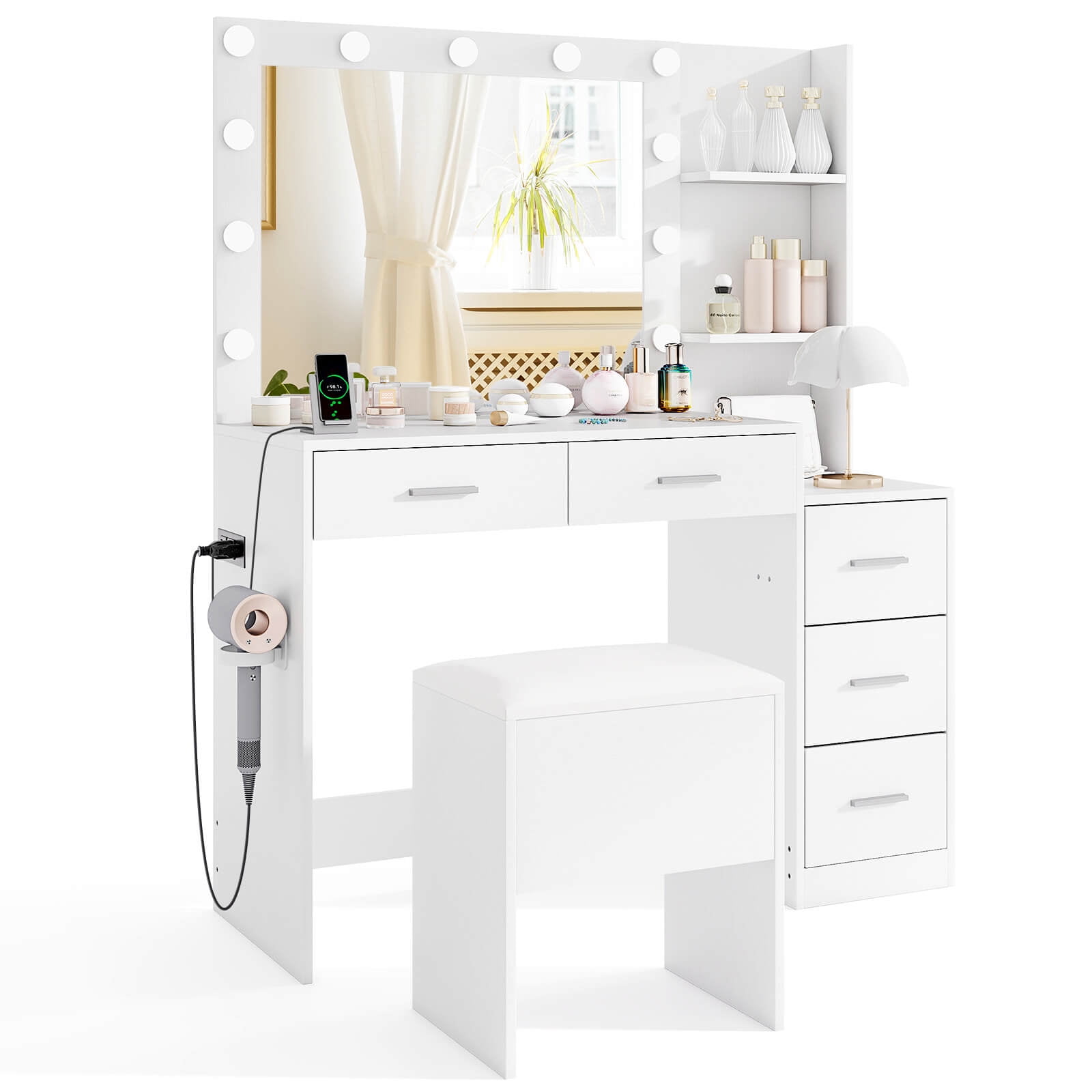 Costway 43.5" Makeup Table Set Vanity Desk with Storage Stool Power ...