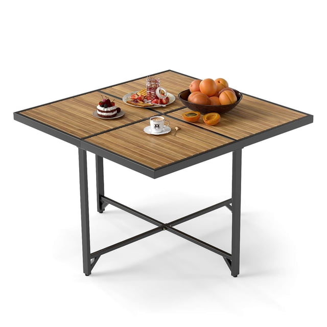 Costway 43.5” Square Patio Table with Metal Legs, Slatted Tabletop ...