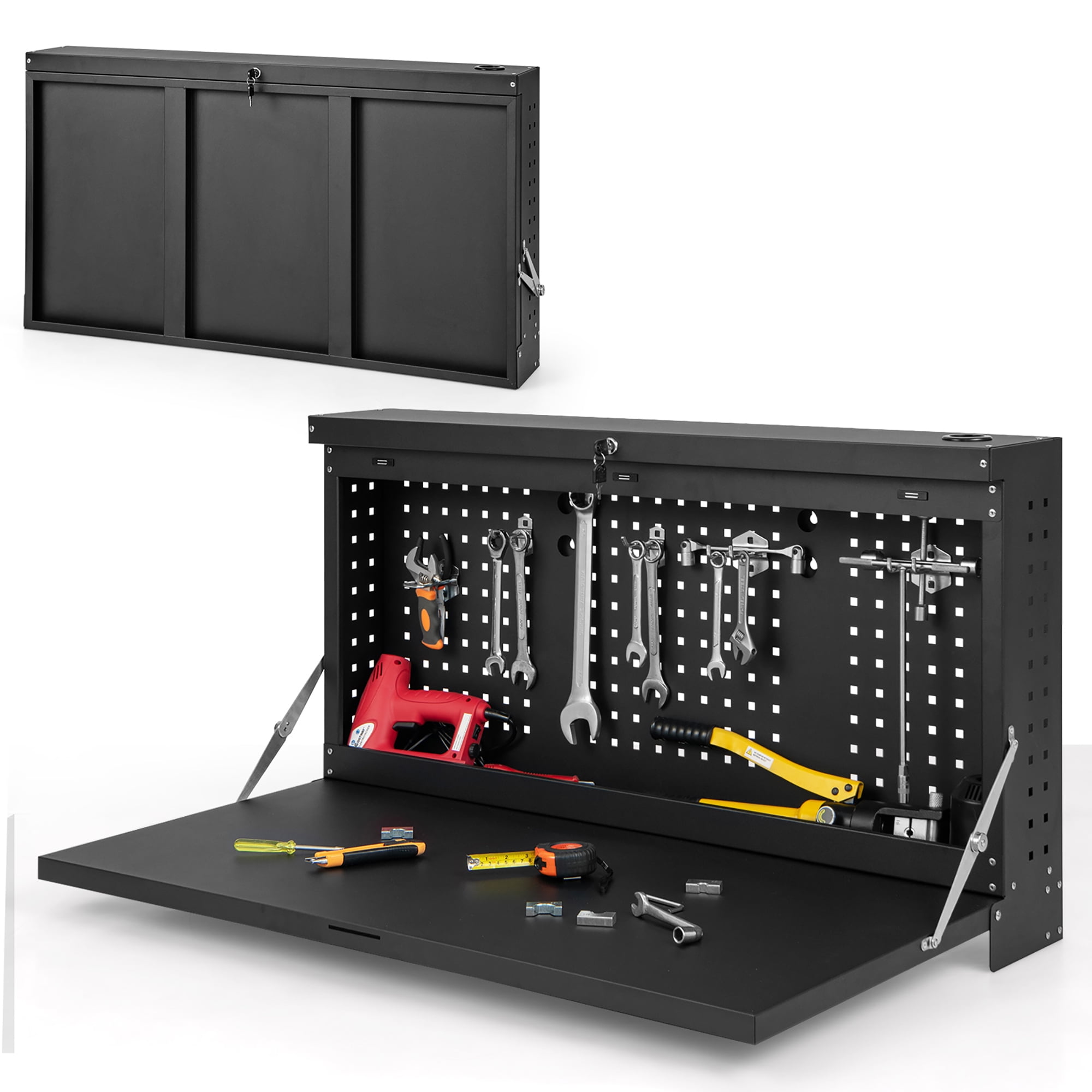 Costway Foldable Wall-Mounted Workbench with Pegboard, Tool Storage ...