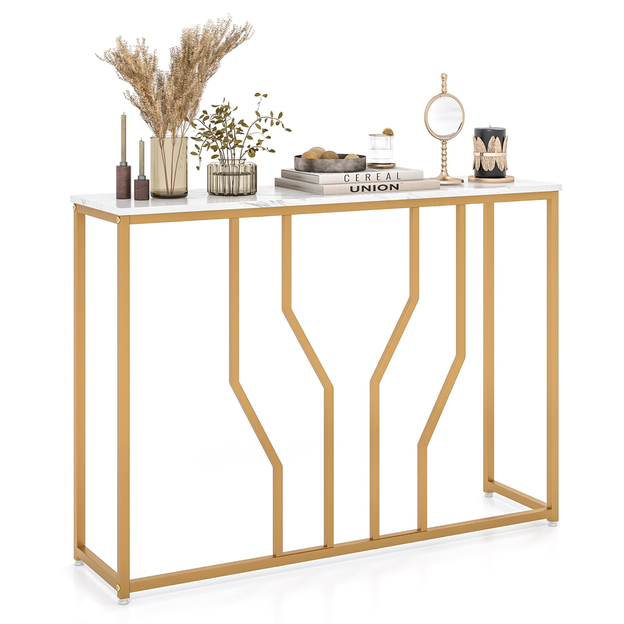 Costway 44" Gold Console Entryway Table with Faux Marble Top, Golden ...