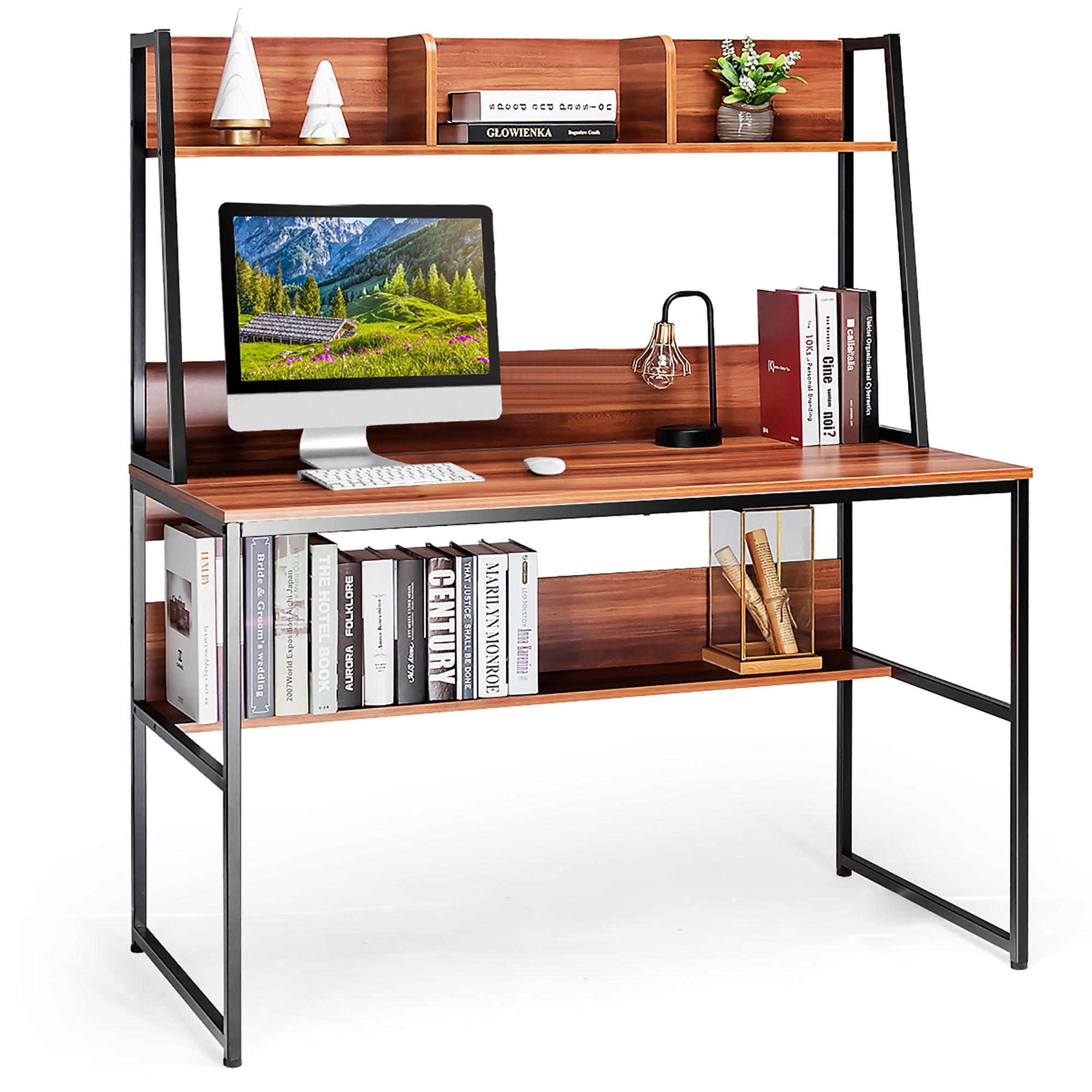Costway 47'' Wooden Computer Desk & Study Combo, w/ Bookshelf & 3 ...