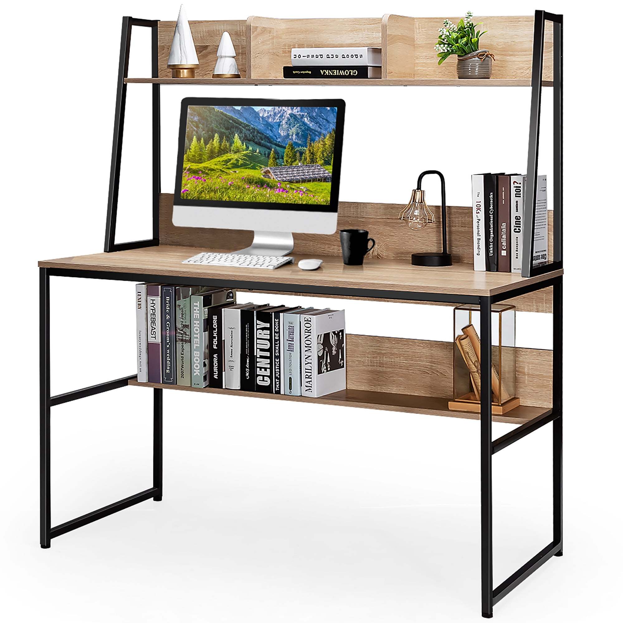 Costway 47'' Computer Desk with Bookshelf Combo, Study Table, 3 Storage ...