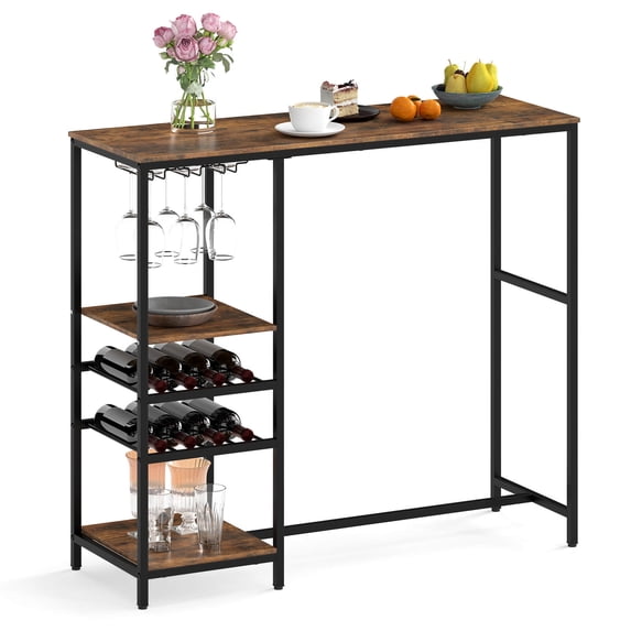 Costway 48" Long Bar Table with Storage Shelves Wine Racks & Stemware ...