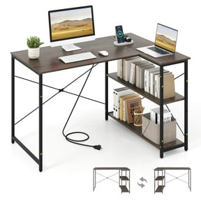 Costway Corner Desk with Multifunctional Electric Plugs, Top Shelf ...