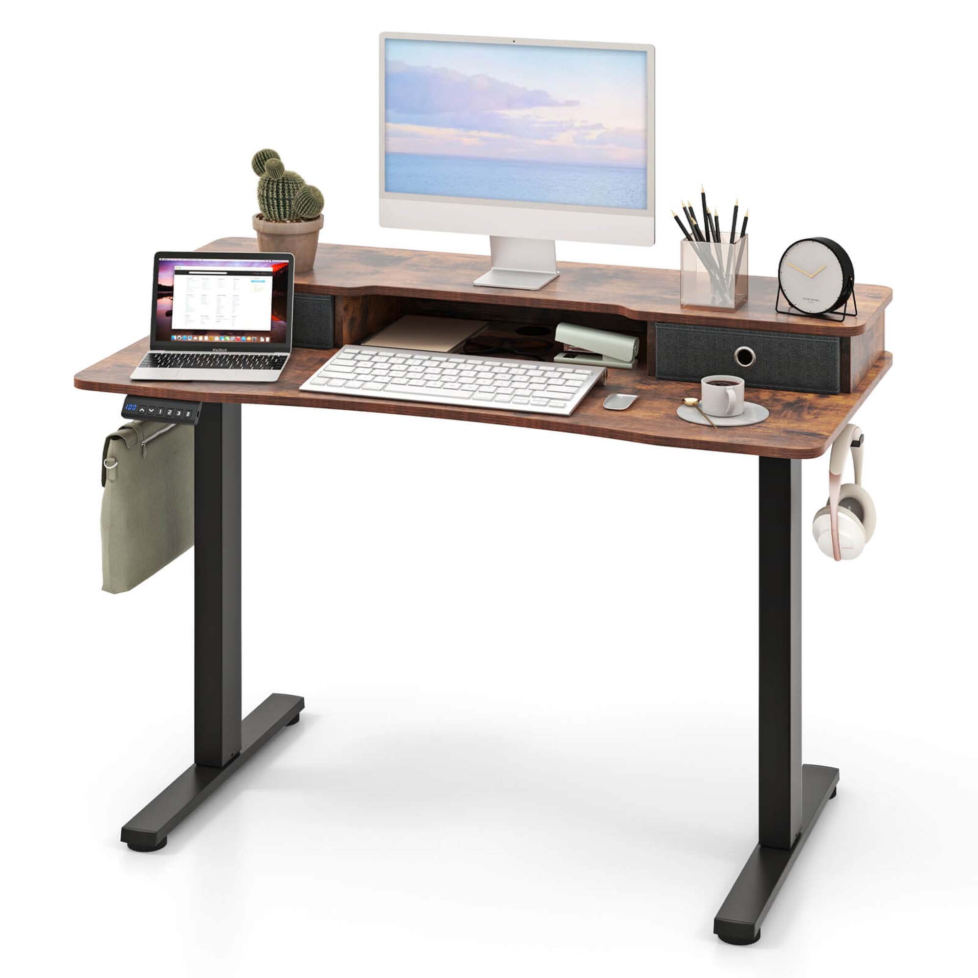 Costway 48"x 24" Electric Standing Desk with 2 Drawers Monitor Stand ...