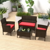 Costway 4PCS Rattan Patio Furniture Set, Red Cushioned Sofa, Chair ...