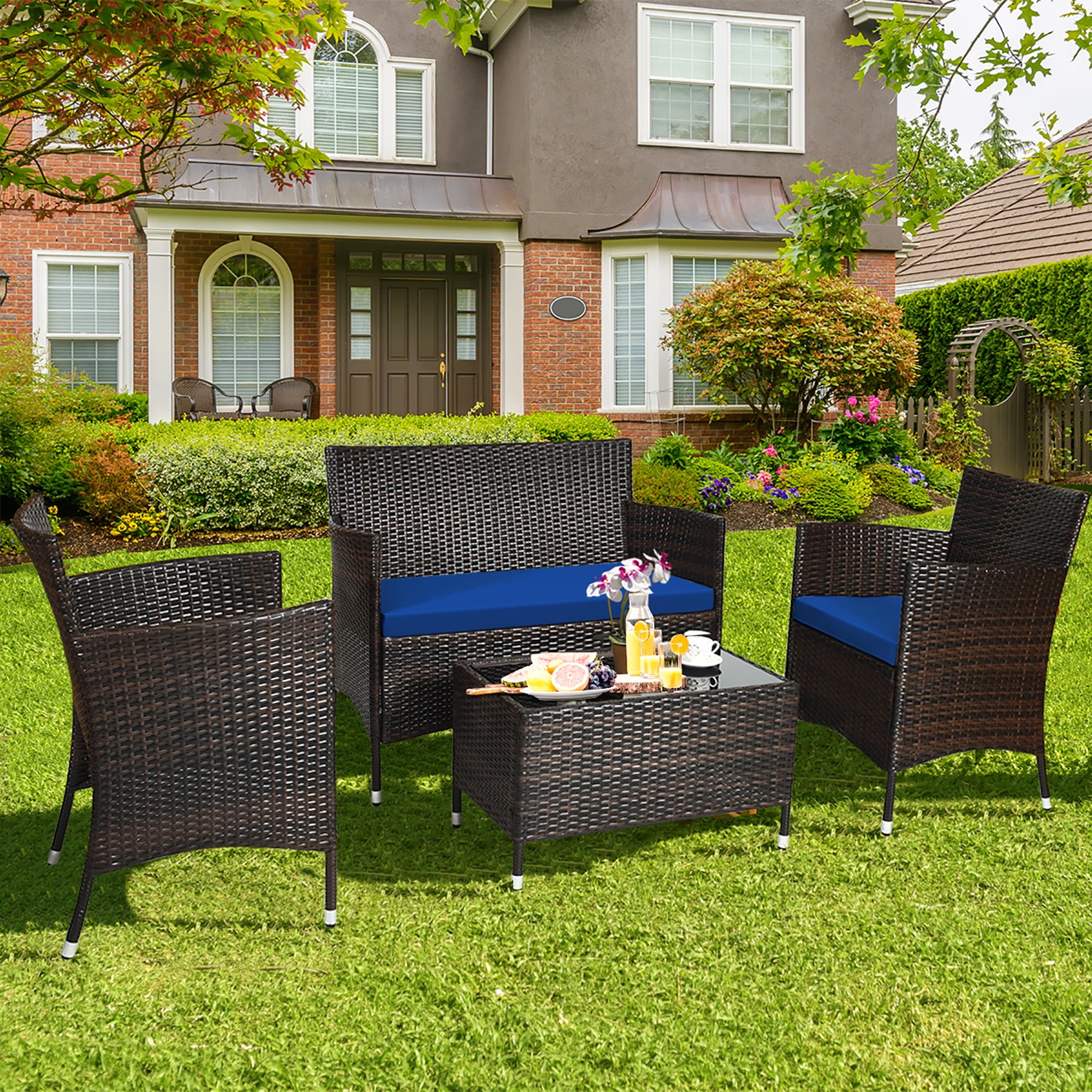 Costway Rattan Patio Furniture Set, 4-Piece Outdoor Sofa, Chairs ...