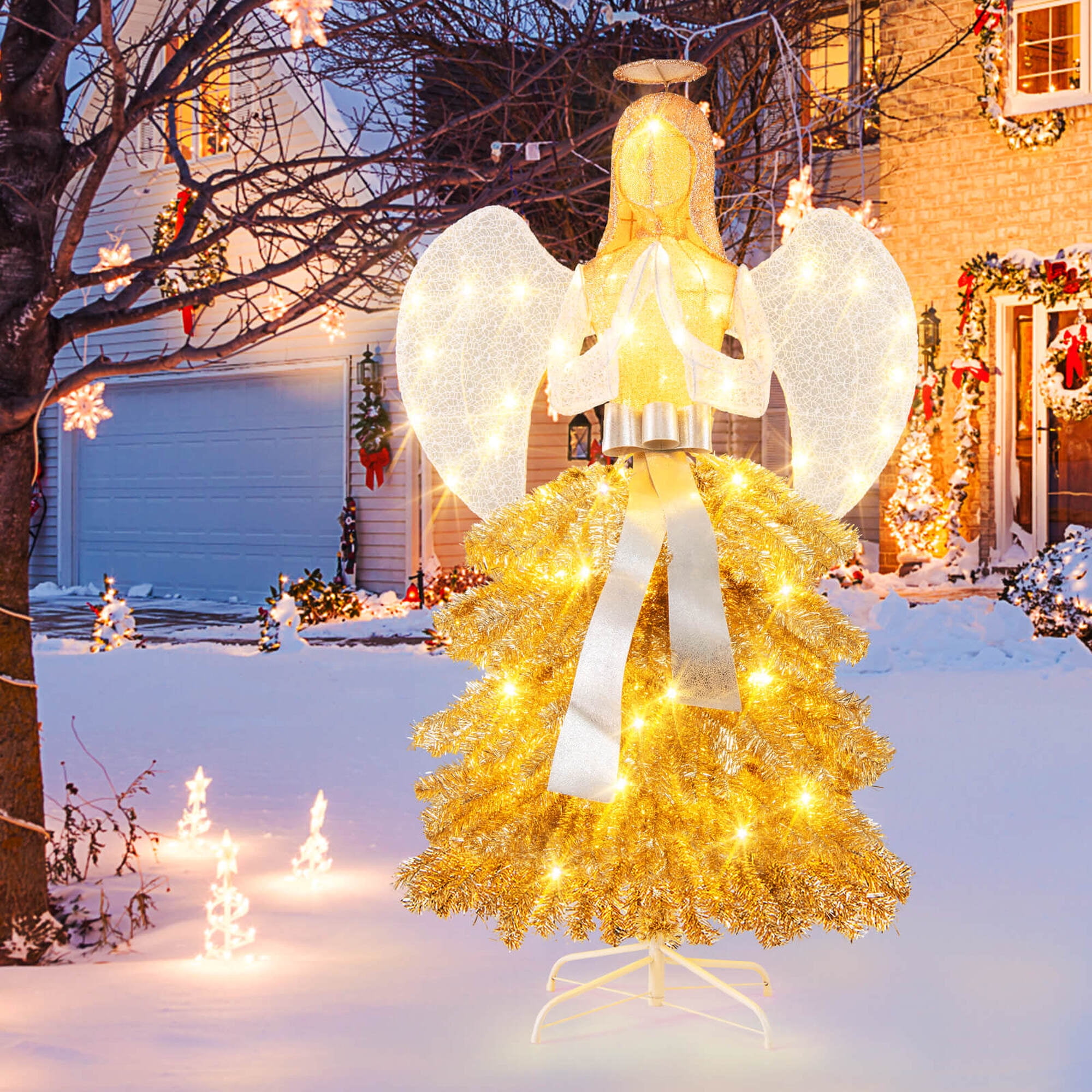 Costway 5.2 FT Lighted Angel Artificial Christmas Tree with Warm White ...