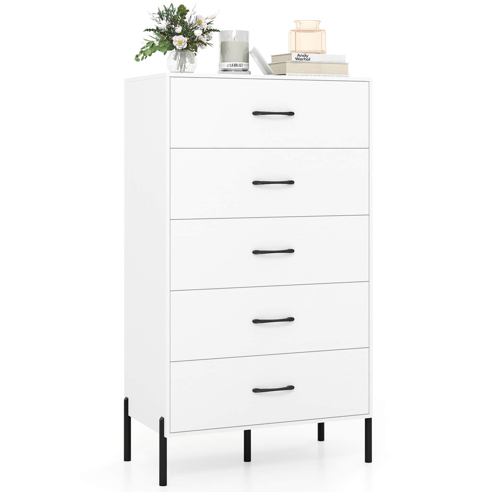 Costway 5-Drawer Dresser with Metal Legs & Handles, Anti-Tipping Kits ...
