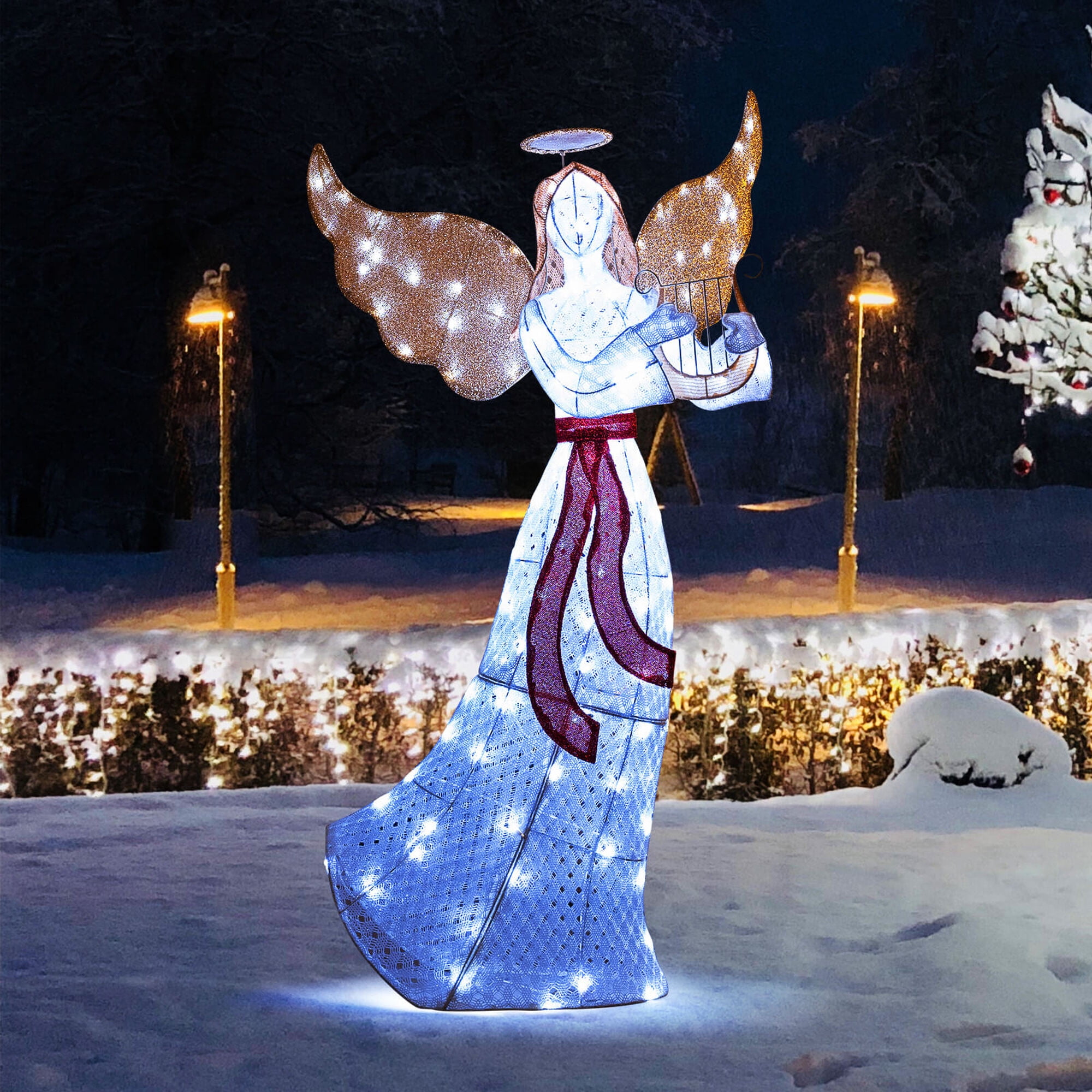 Costway 5 FT Lighted Angel with Harp LED Lights Halo Zip Ties & Ground ...