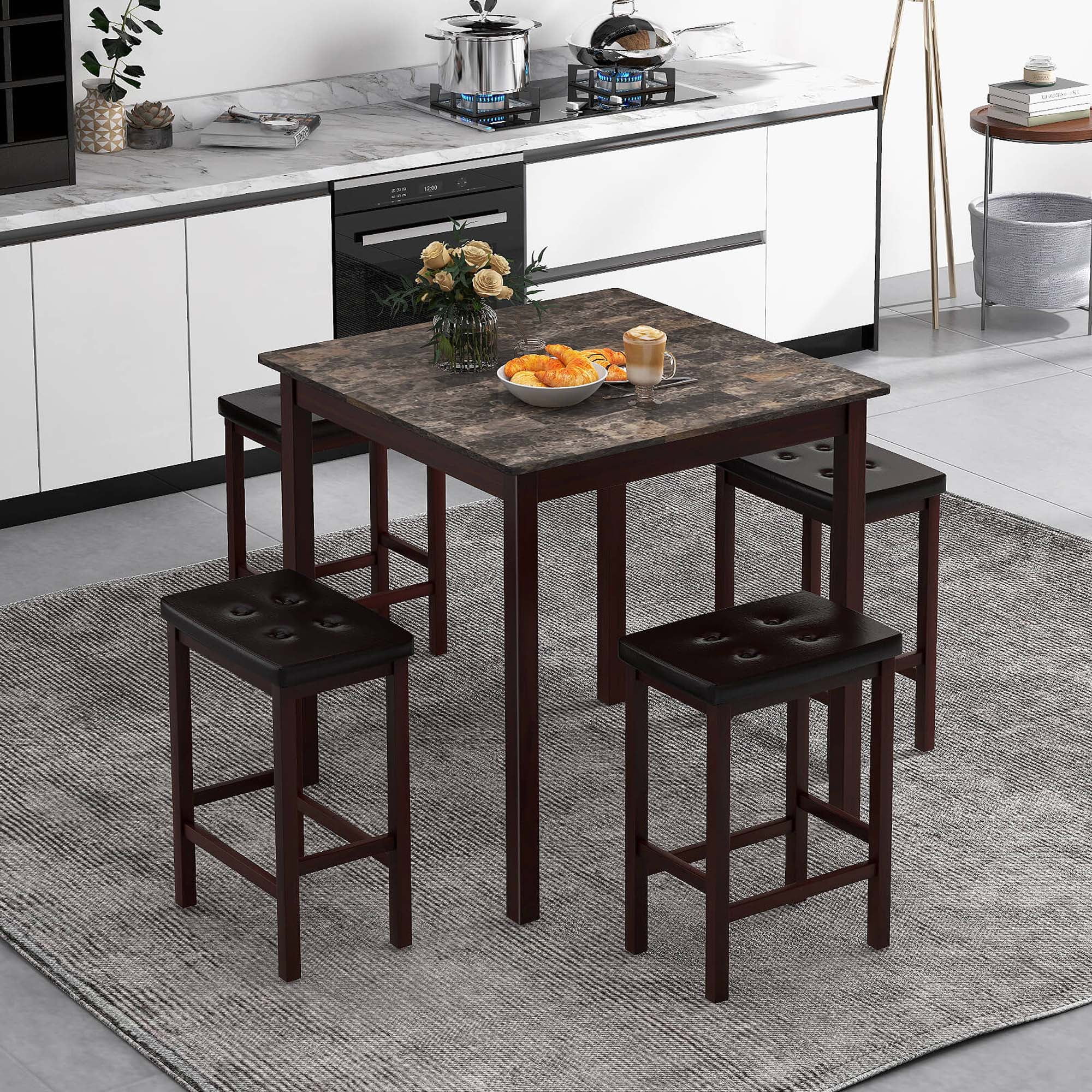 Costway 5 PCS Bar Table Set Square Dining Table & 4 PVC Leather ...