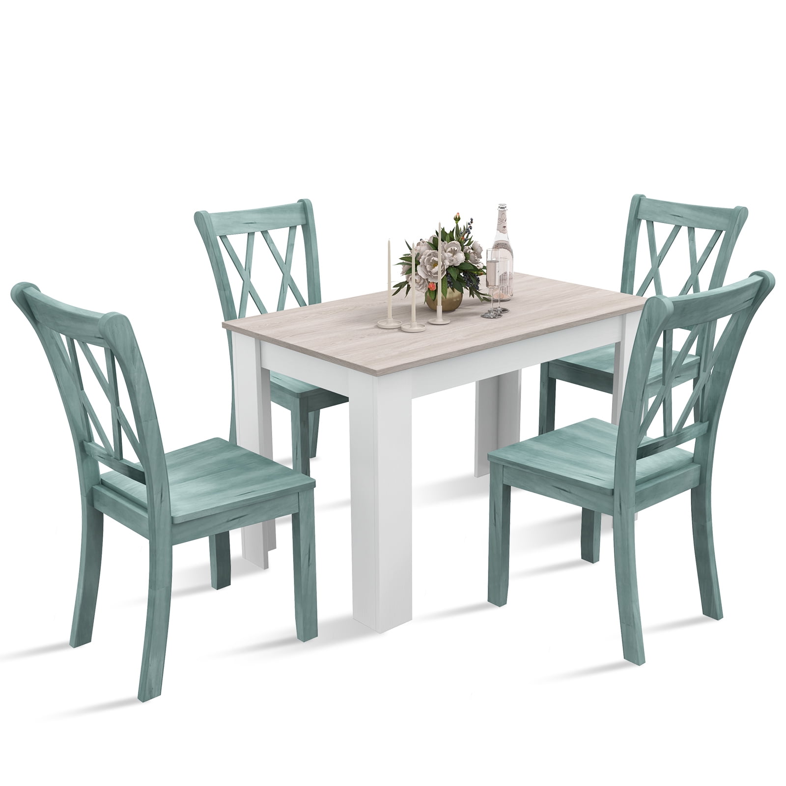 Costway 5 PCS Dining Set Modern Rectangle Table & 4 Rubber Wood Chairs ...