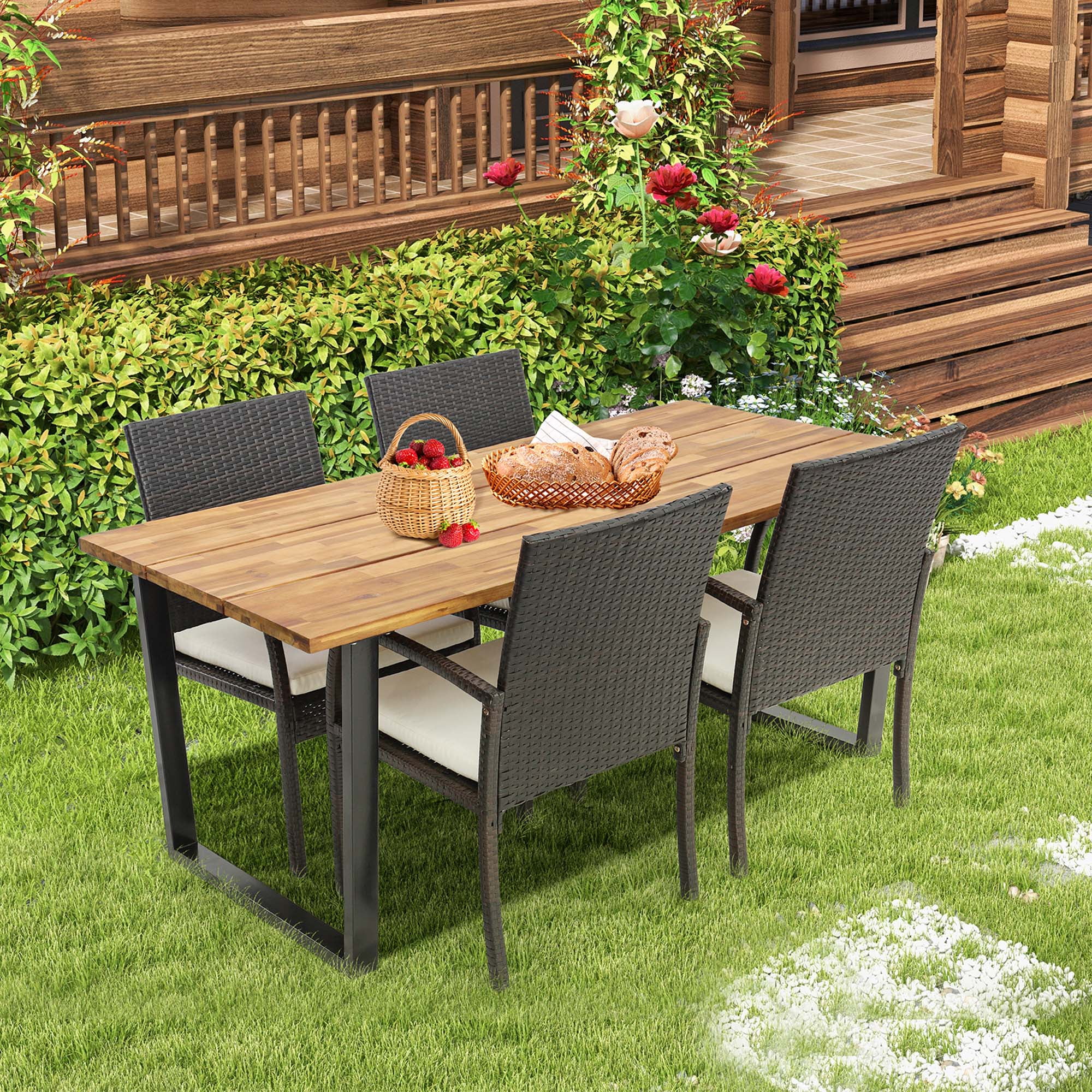 Costway 5 PCS Patio Rattan Dining Set Acacia Wood Table 4 Wicker Chairs ...