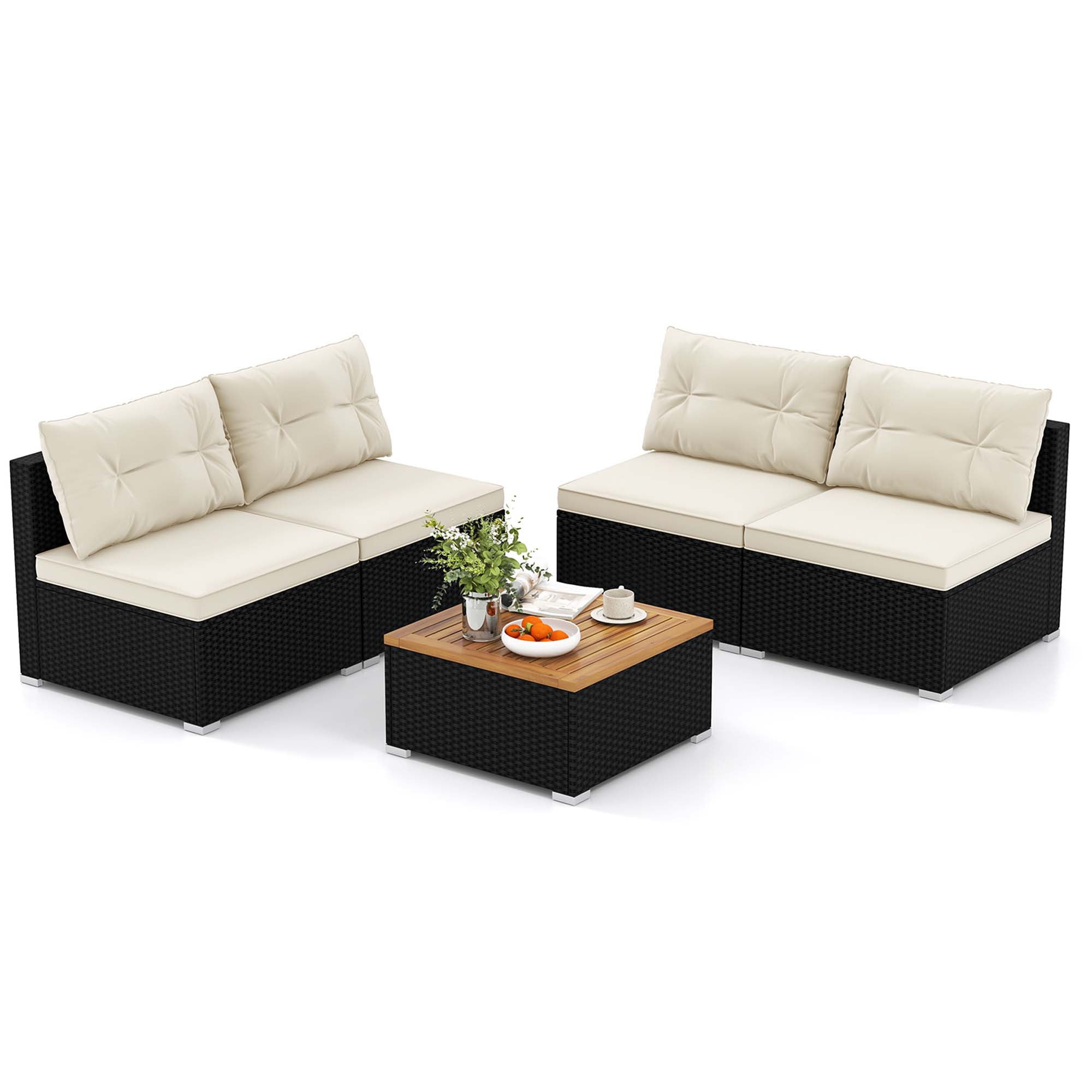 Costway 5-Piece Patio Wooden Conversation Set with Acacia Wood Tabletop ...