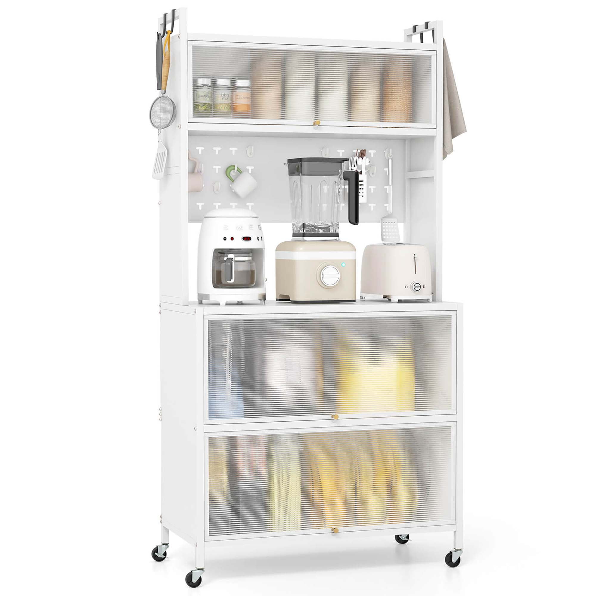Costway 5 Tier Kitchen Bakers Rack Flip Door Cabinets Pegboard & Hooks ...