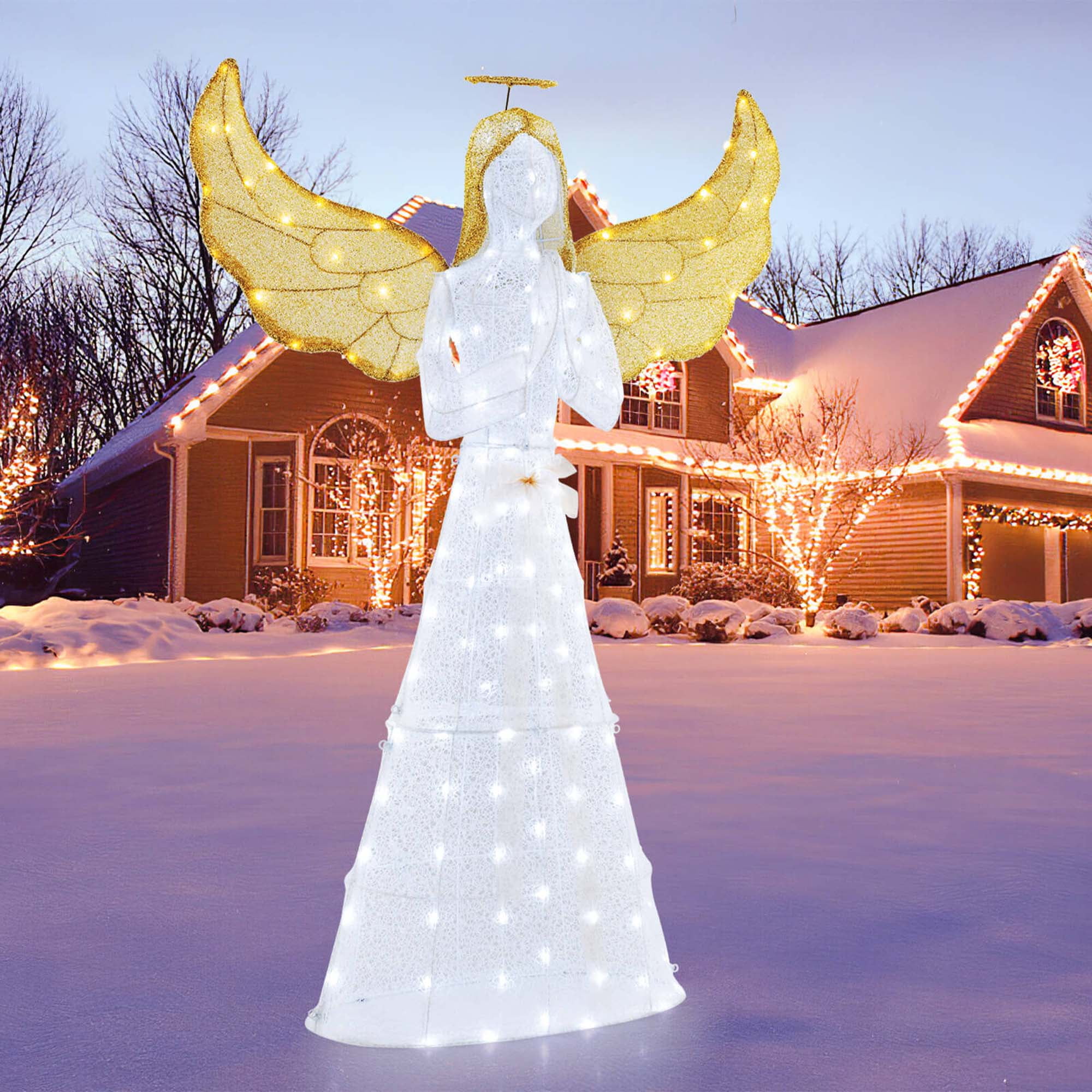 Costway 5 ft Festive Pre-Lit Angel with Halo Wings & 150 LED Lights Zip ...