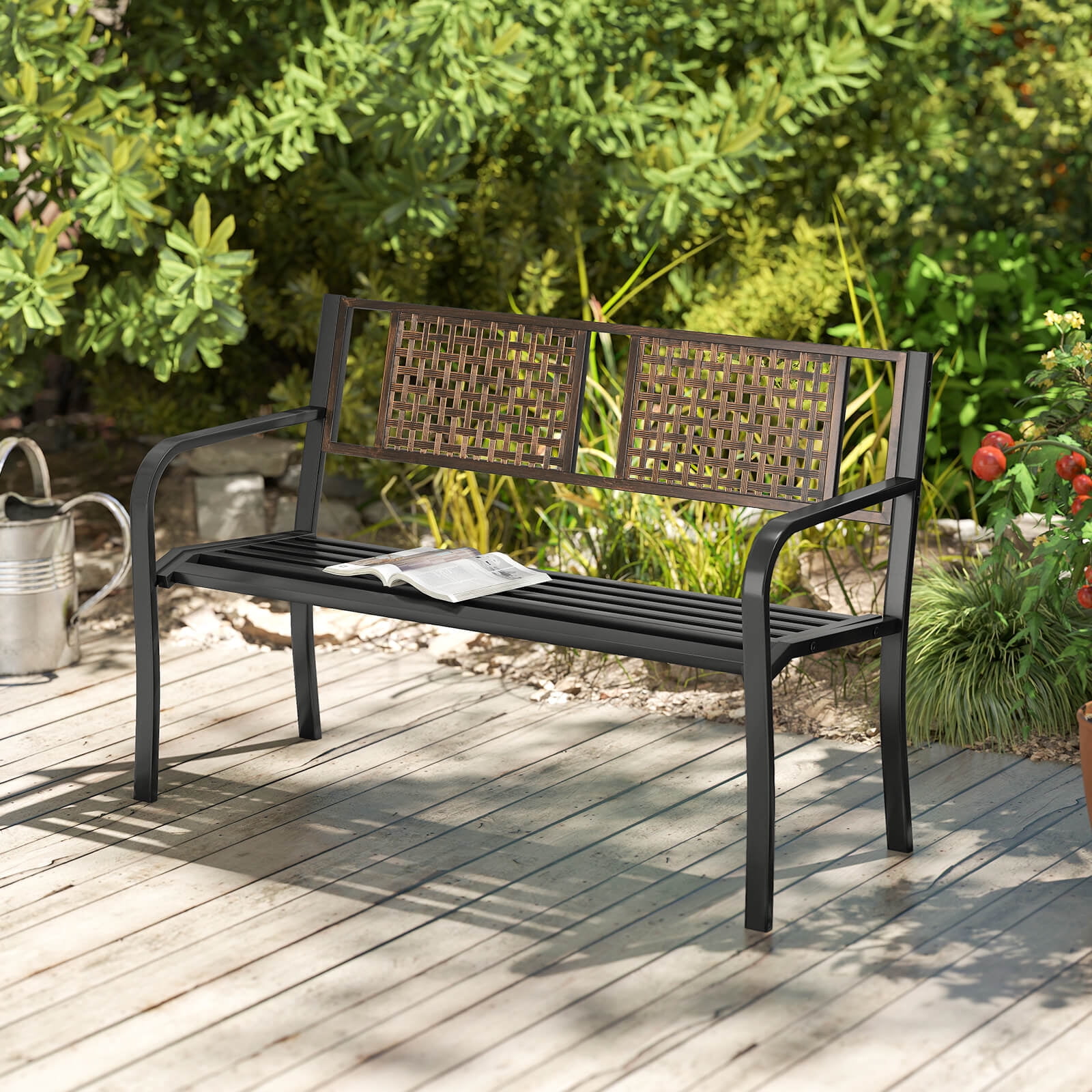 Costway 50" Outdoor Metal Park Bench with Rattan-Like Backrest & Curved ...