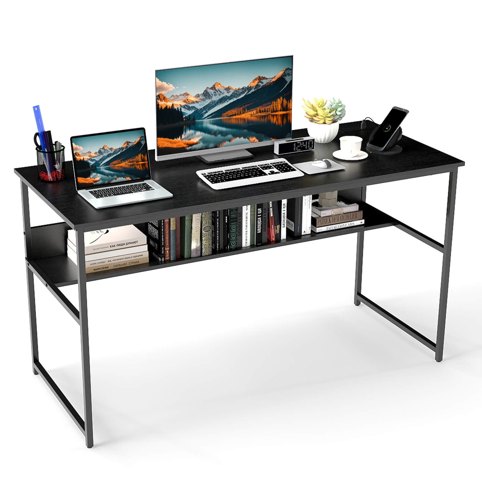 Costway 55" x 24" Computer Desk with Power Outlets & USB Ports, Storage Shelf, Metal Frame Black ...
