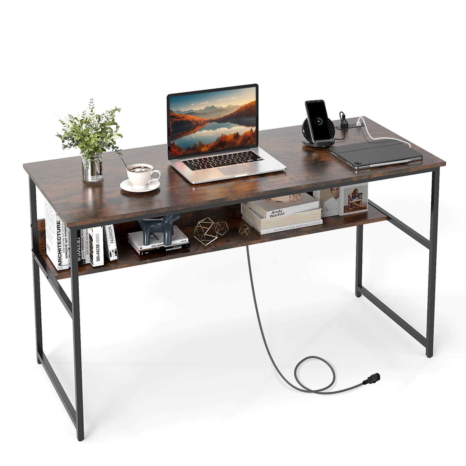 Costway 55 x 24 inch Office Desk with Charging Station,Storage Shelf ...
