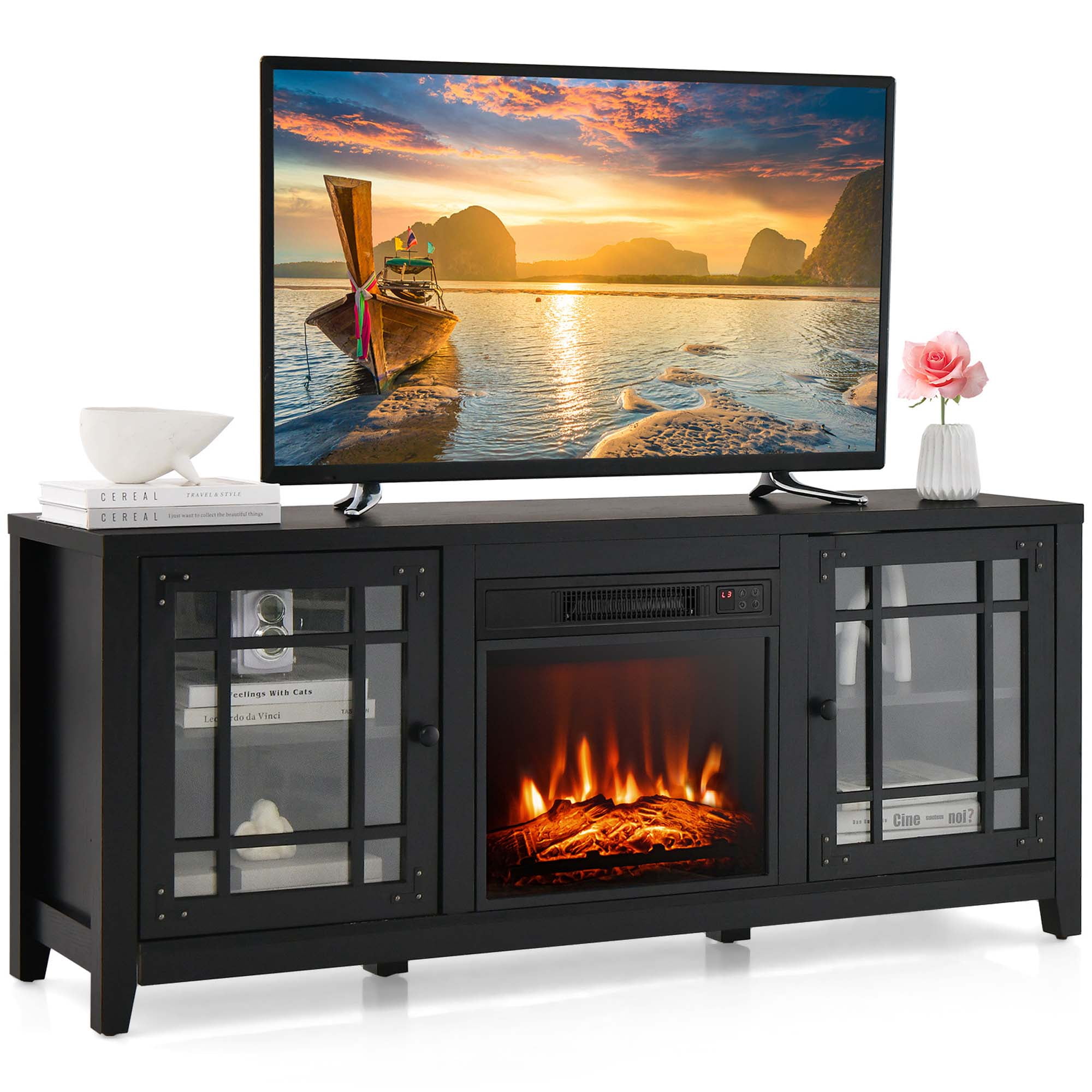 Costway 58'' Fireplace TV Stand, Black, for TVs up to 65'', 1400W ...