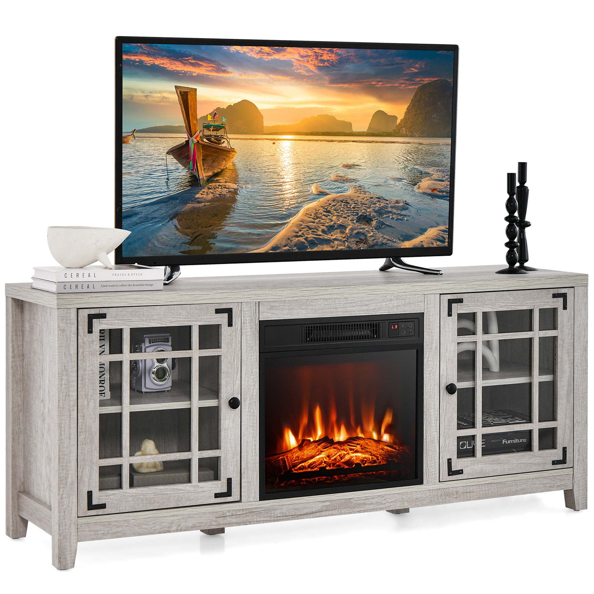 "Costway 58"" Fireplace TV Stand for 65"" TVs, 1400W Electric Fireplace ...