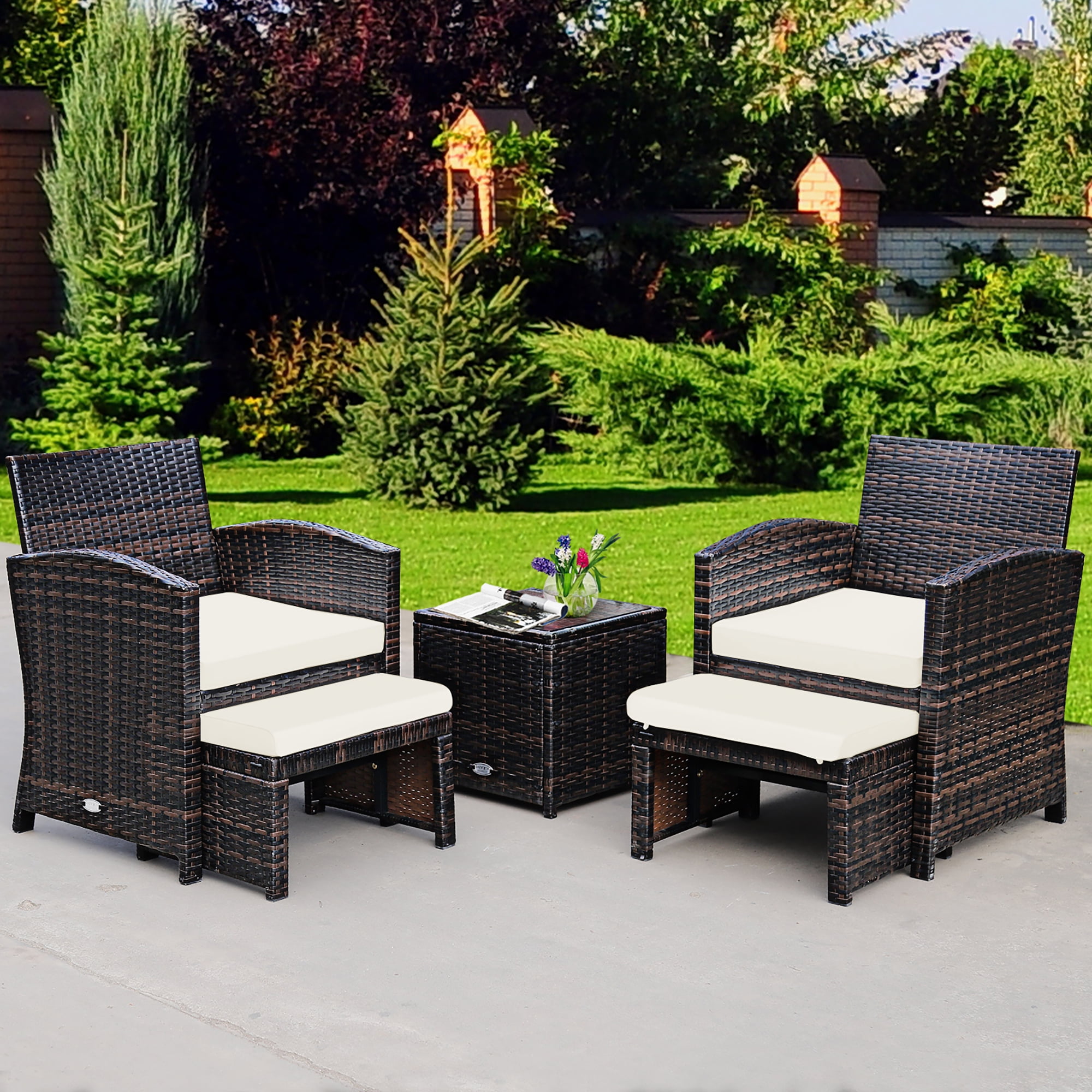 Costway 5PCS Patio Rattan Wicker Furniture Set Sofa Ottoman W/ Cushions ...