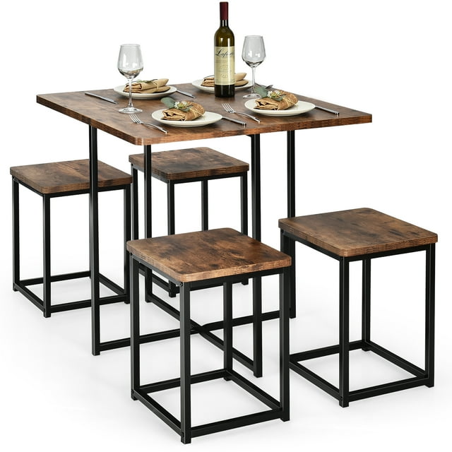 Costway 5pcs Compact Dining Set - Table + 4 Stools, Vintage Walnut ...