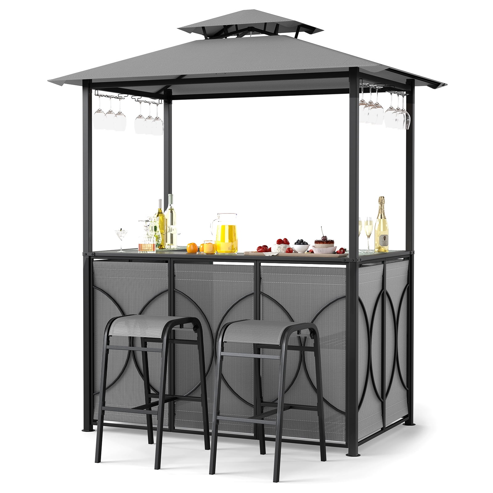 Costway 6.5 x 4 x 8 FT Grill Gazebo Set with 2 Bar Stools, Tempered ...