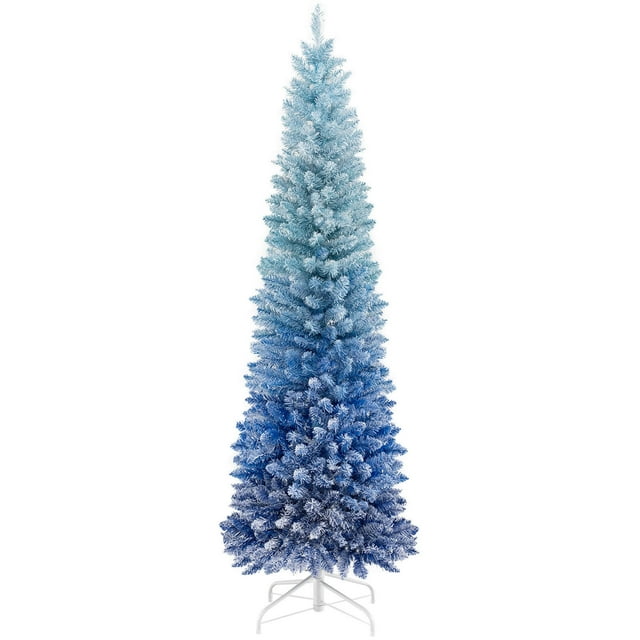 Costway 6 FT Blue Gradient Snow Flocked Artificial Christmas Tree with ...