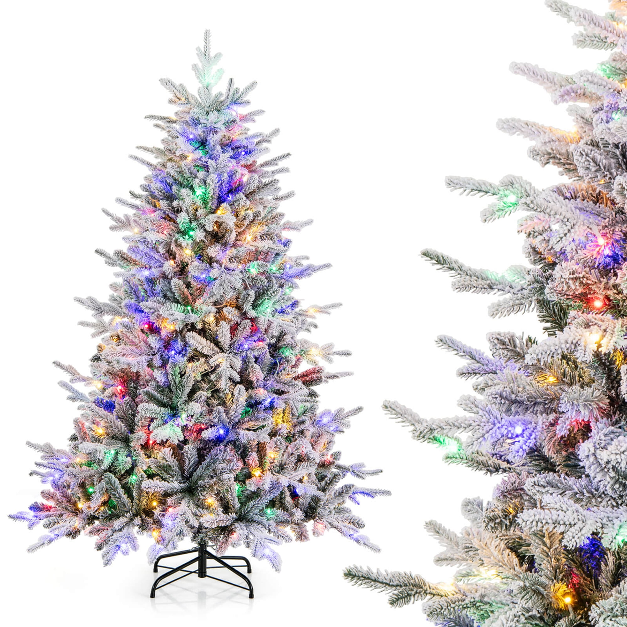 Costway 6 FT Flocked Christmas Tree with 8 Lighting Modes 260 Multi ...