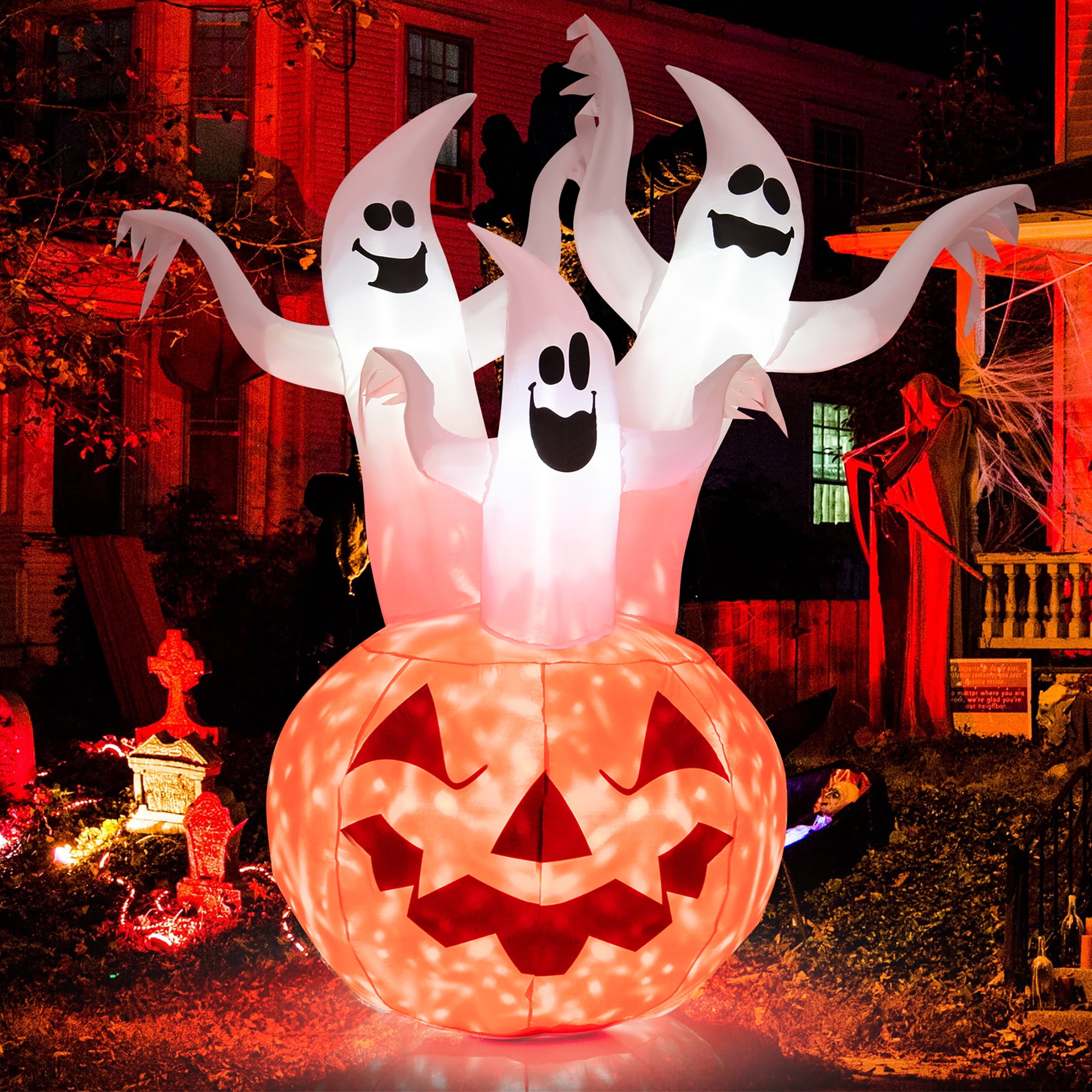Costway 6ft Halloween Inflatable White Ghosts with Pumpkin Decoration ...