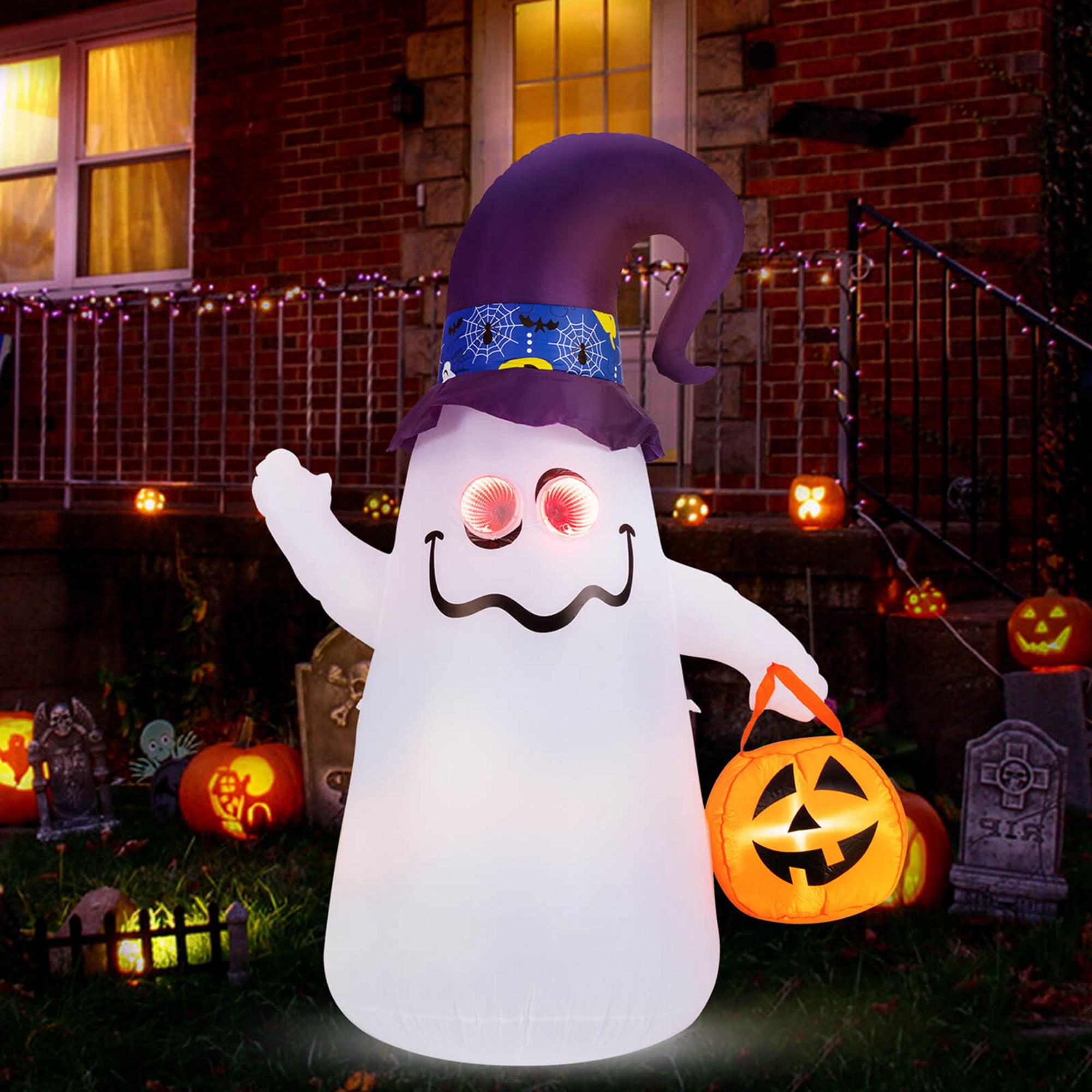 Costway 6 Ft Halloween Inflatables Cute Ghost with Jack-O-Lantern ...