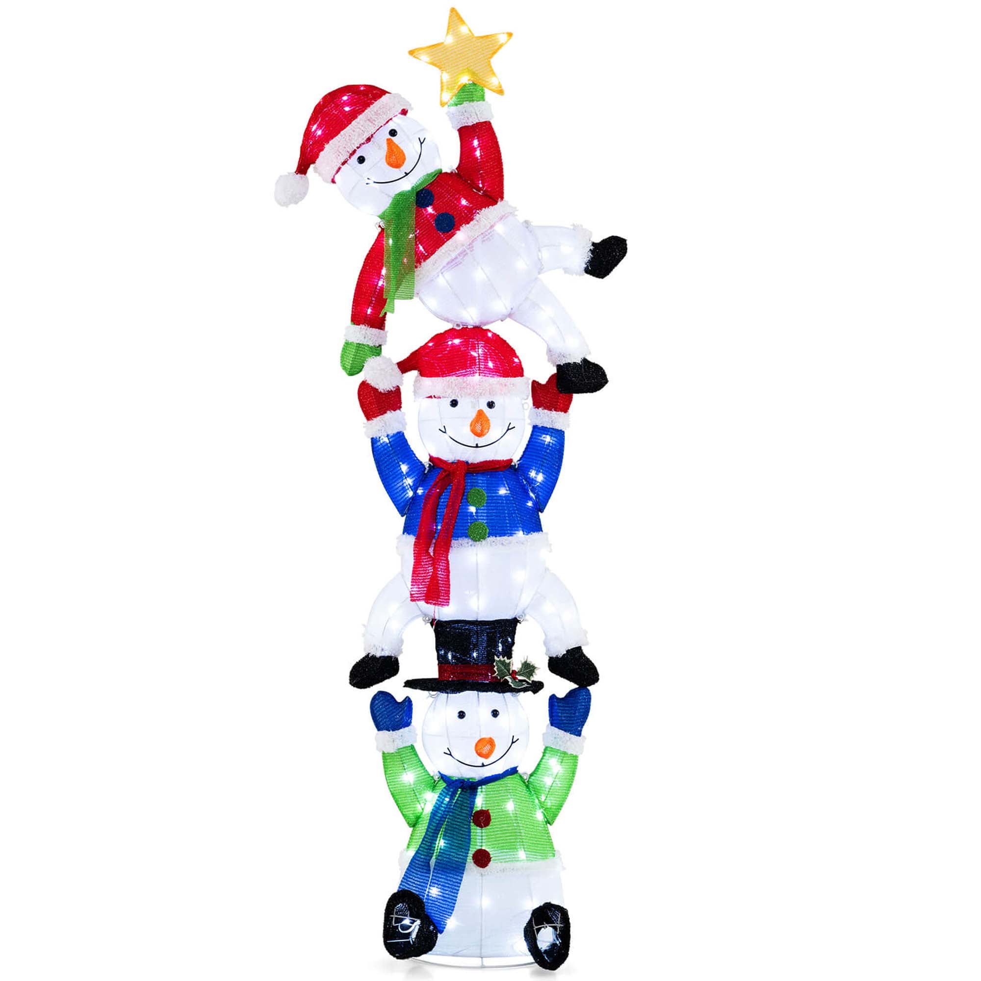 Costway 6 ft 3D Pre-Lit Christmas Stacked Snowman with 155 LED Lights ...