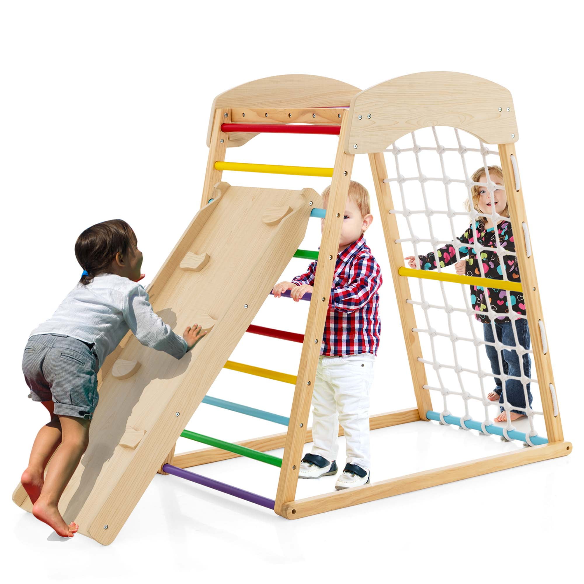 Costway 6-in-1 Wood Jungle Gym Montessori Climbing Play Set with Double ...