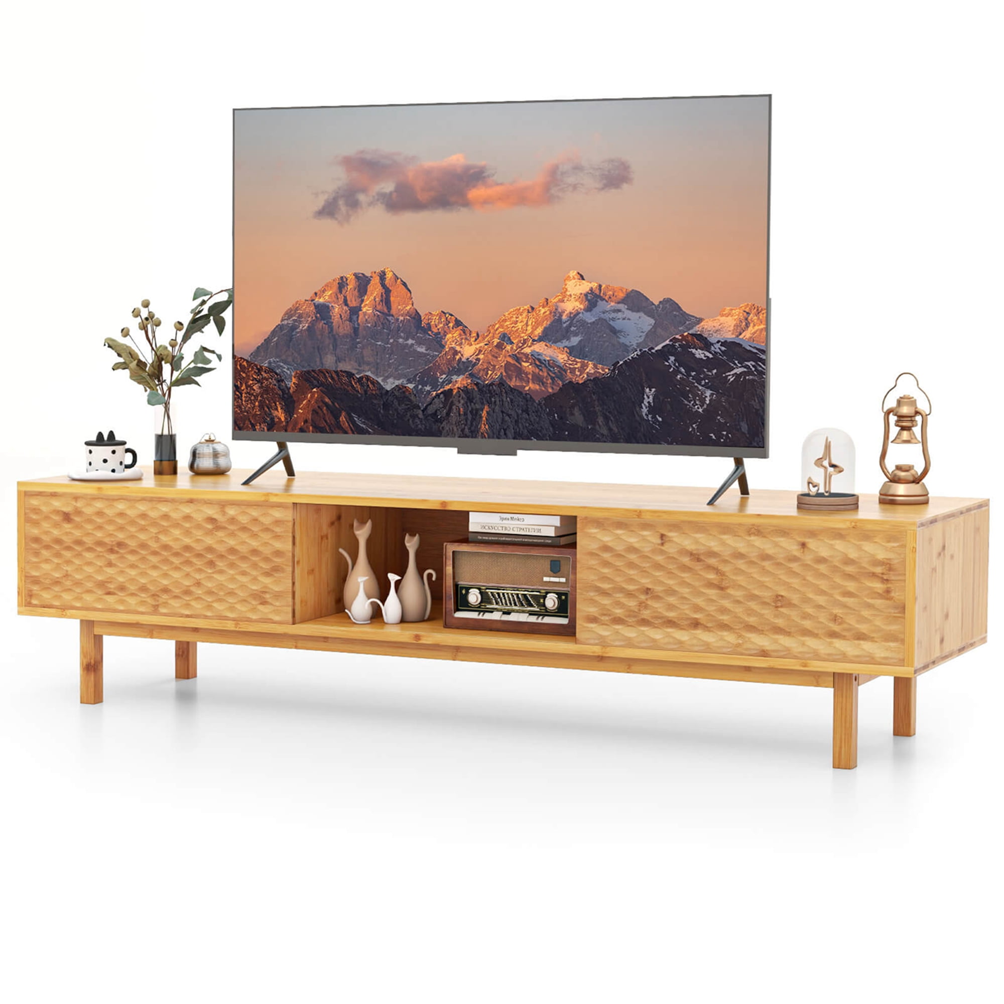 Costway 63" Bamboo TV Stand with 3 Storage Cubes Sliding Doors Mid ...